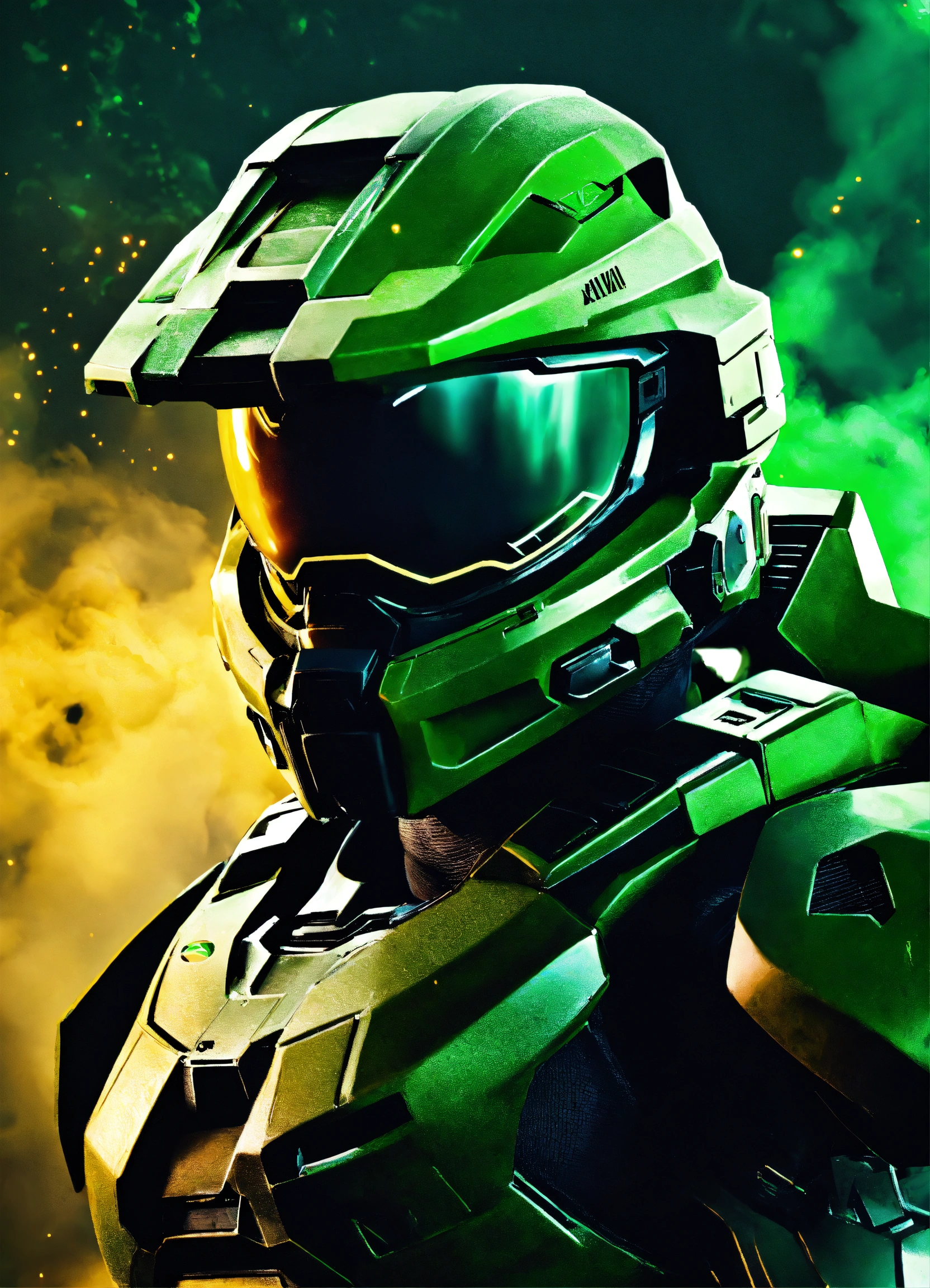 Lexica - Master chief, halo, 8k, xbox logo as background, neon green smoke