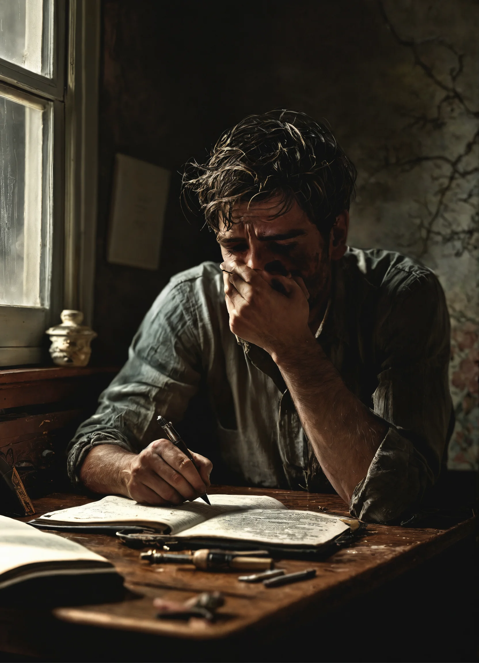 Lexica - A frustrated male writer with depression, beautiful photoreal ...