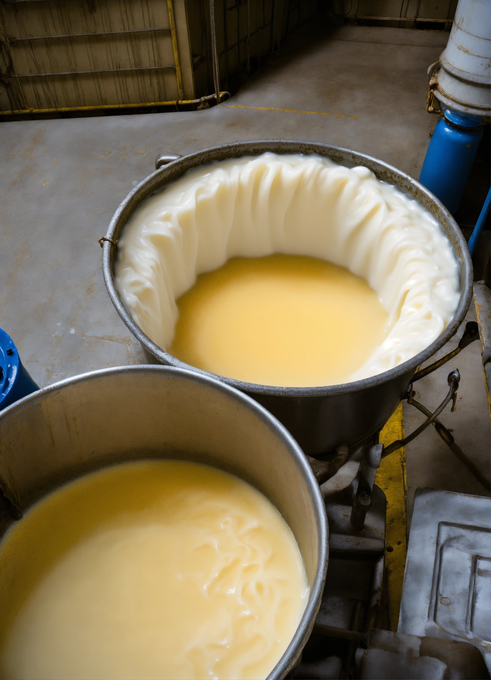 Lexica - Curdled milk in a straining cloth in an industrial setting