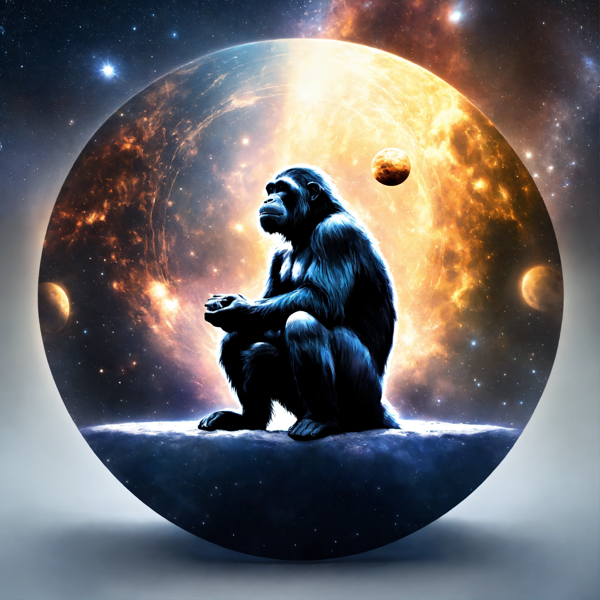 Lexica - Apes praying to a human god in space, in circle image ...