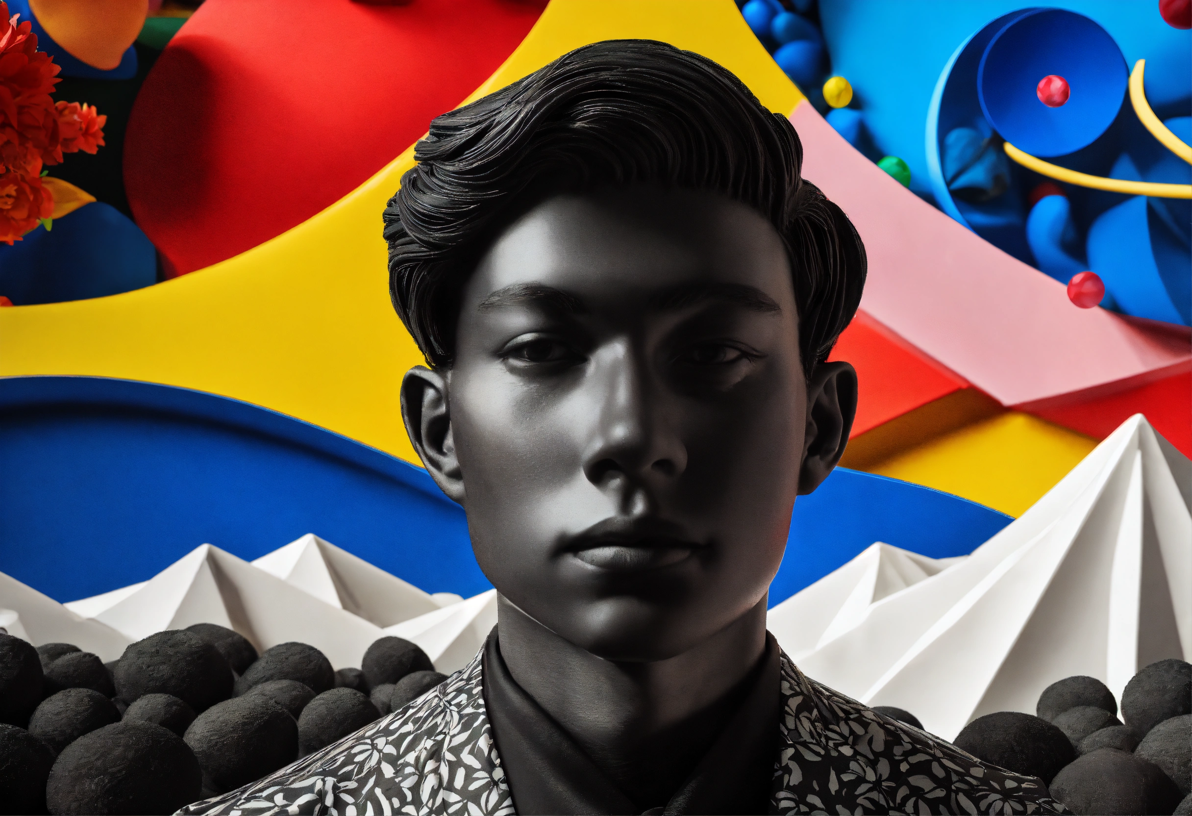 Lexica - Black and white, primary colors, 3d abstract modeling clay landscape, young man ...