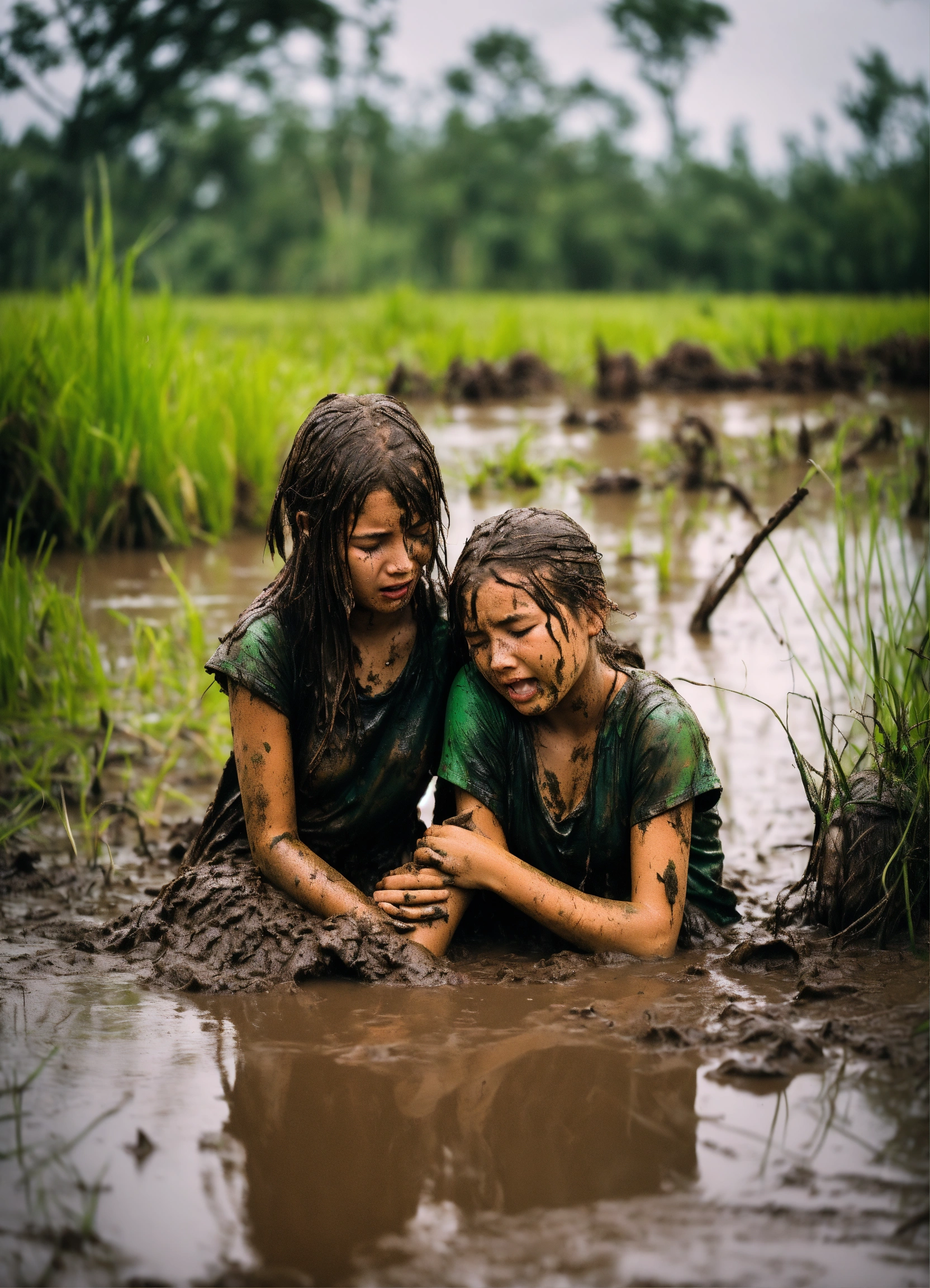 Lexica - 2girls, exhausted ,girl covered in mud, in a swamp, struggling ...