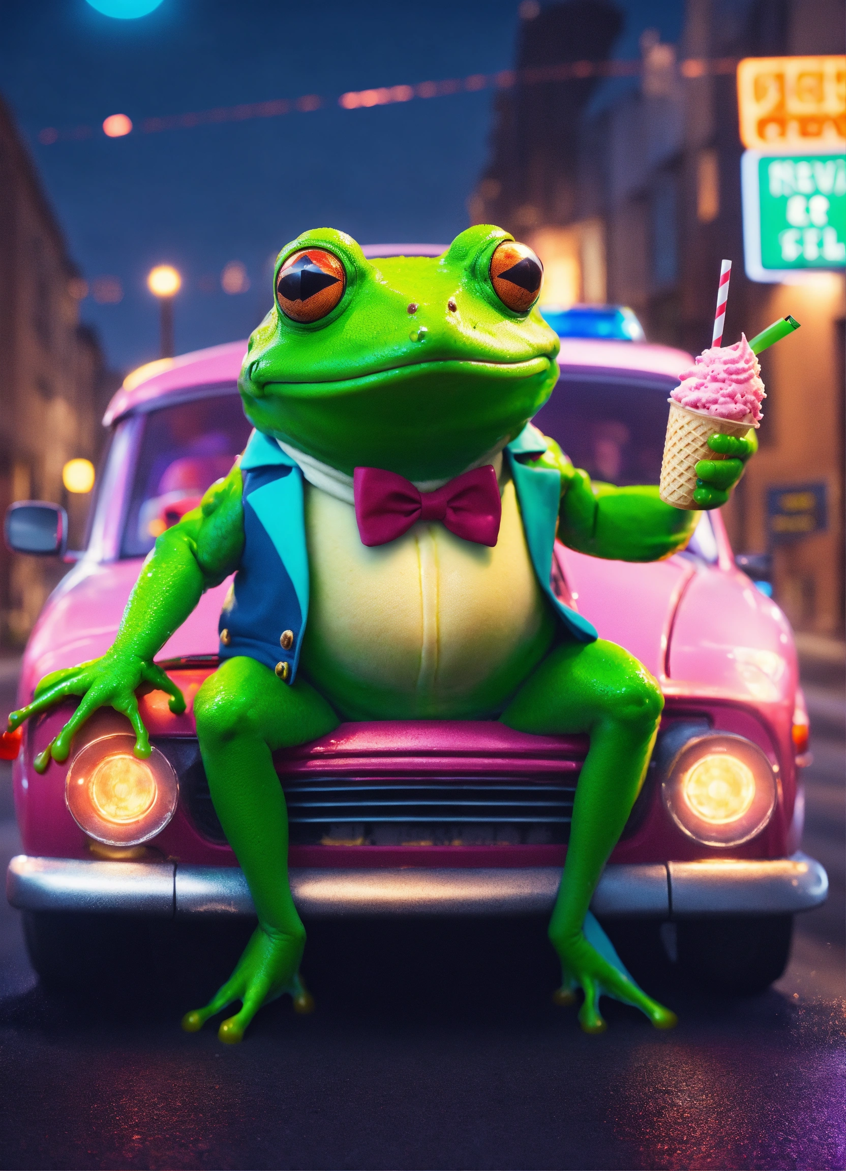 Lexica - Cute frog and frog mafia member driving car and eating ice ...