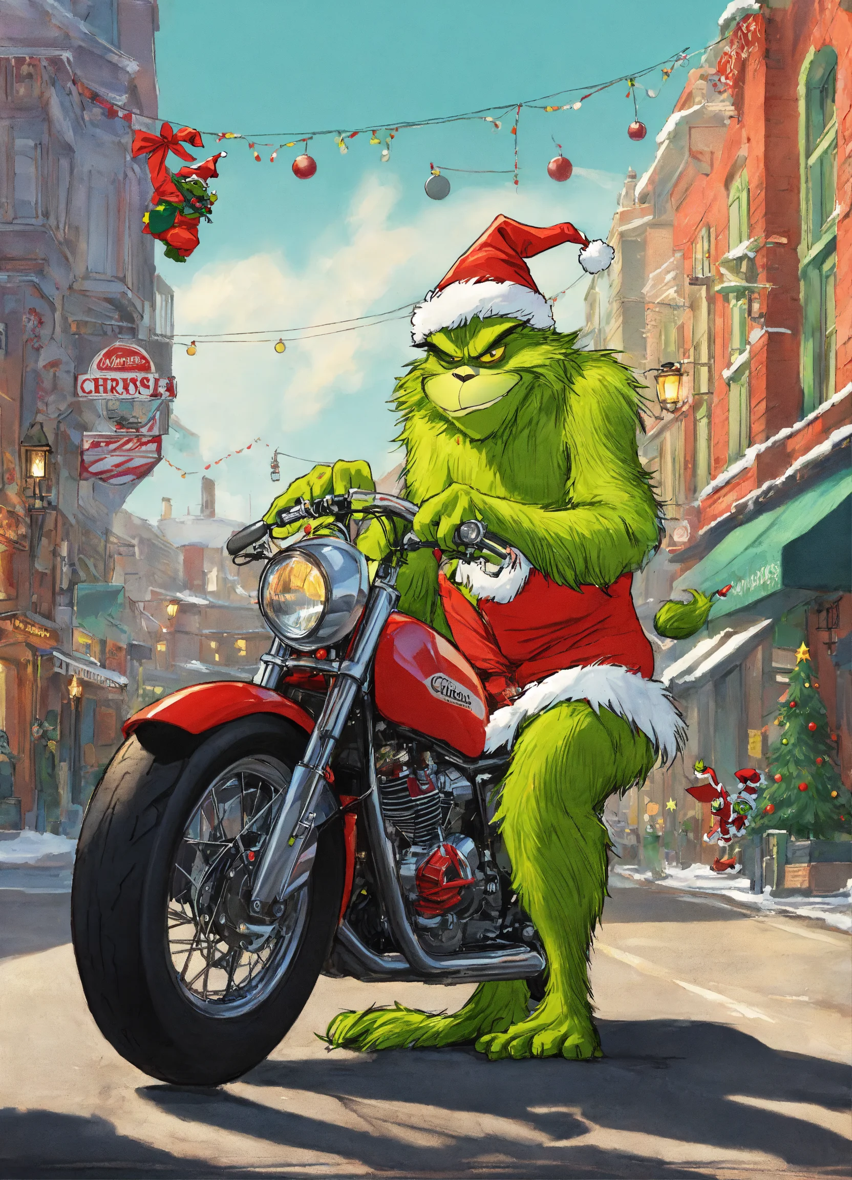 Lexica - Grinch with a christmas hat, driving a cafe racer motorcycle ...