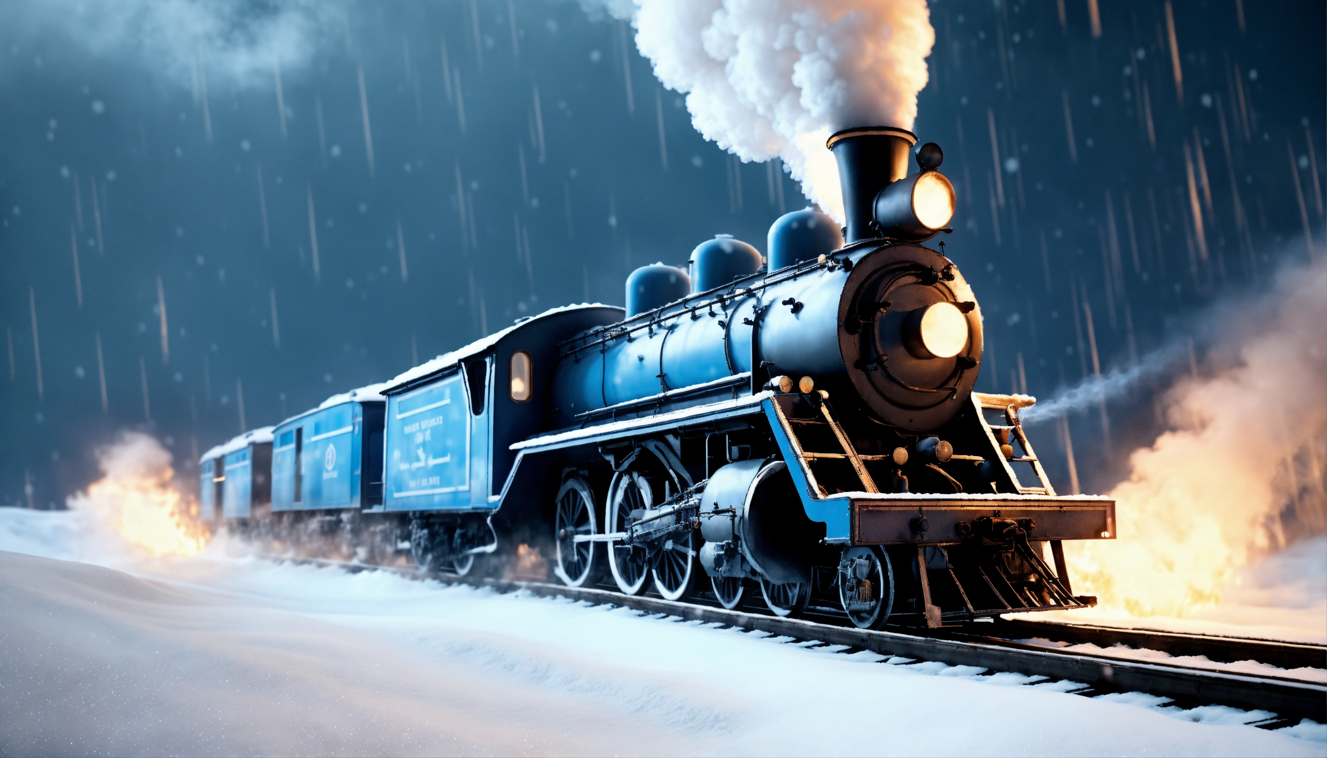 Lexica - 3D Cartoonish An old baby blue railway engine rushing through ...