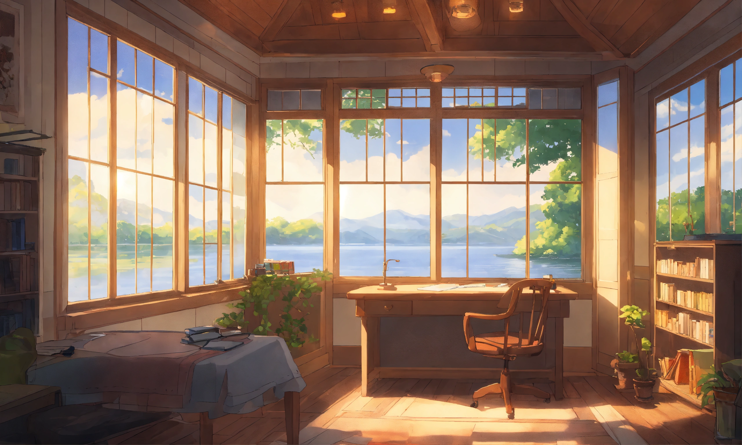 Lexica - Study room in lake side house, light white wooden acrylic ...