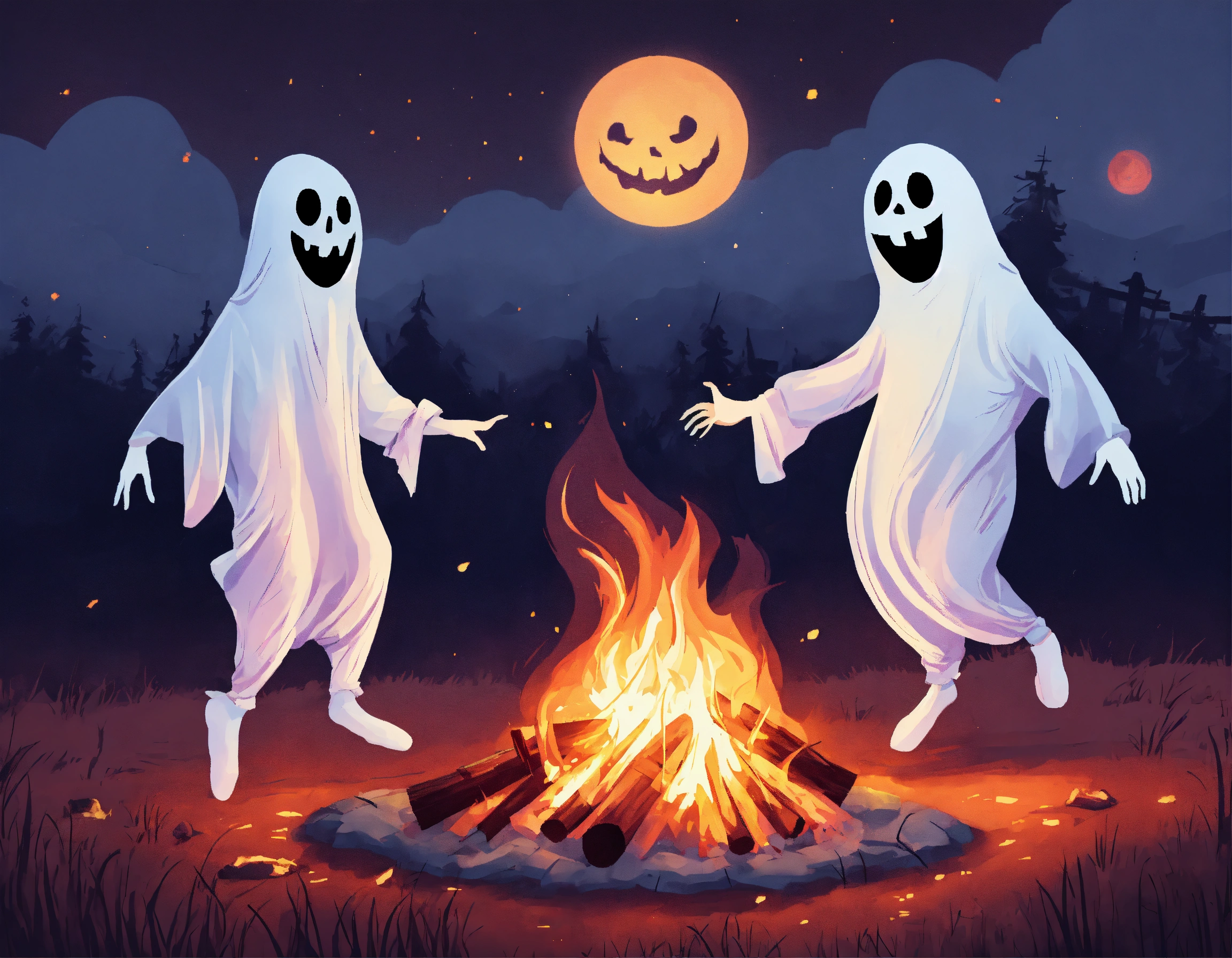 Lexica - Funny couple of ghost dancing around a bonfire digital ...