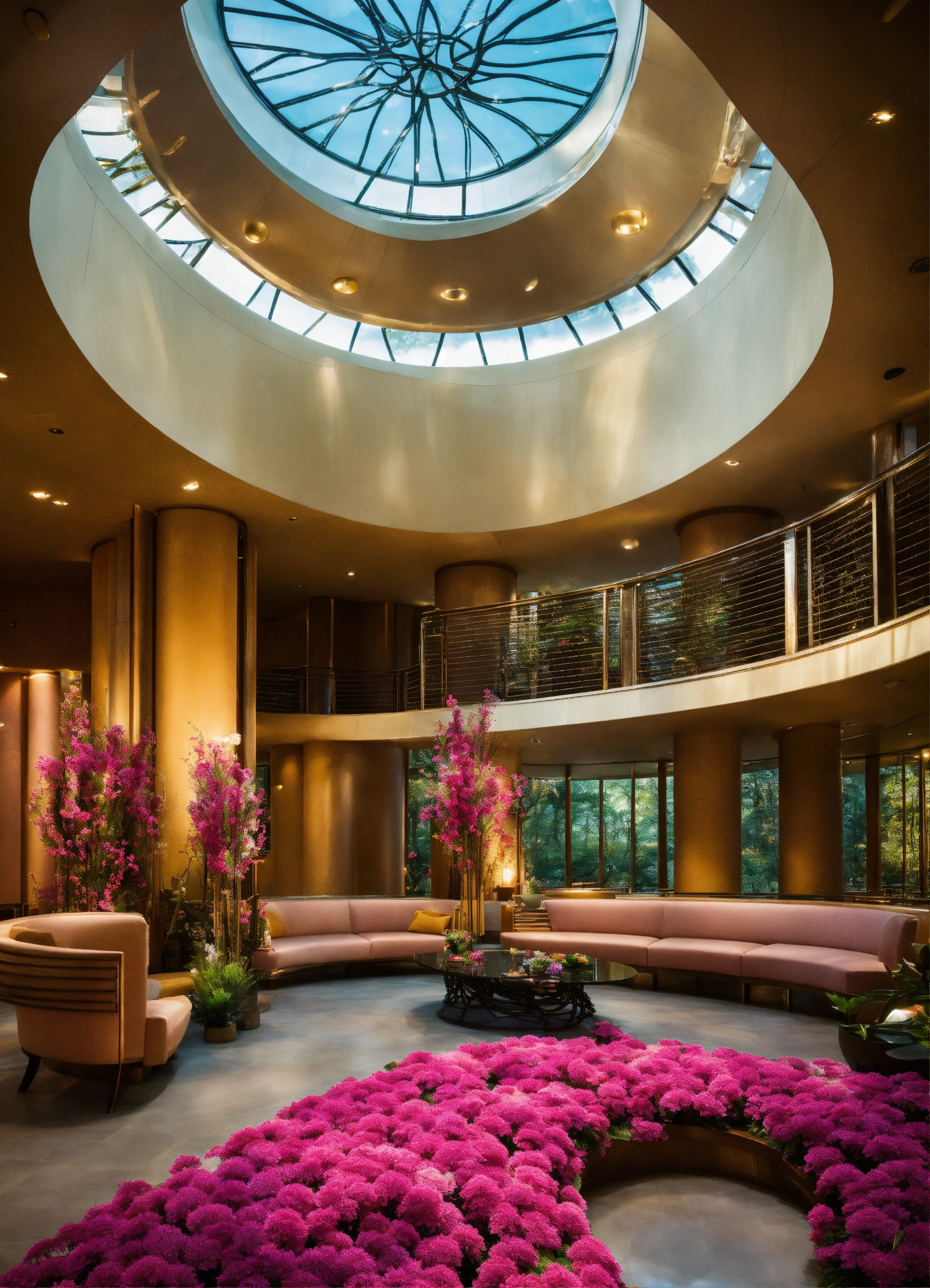 Lexica - Large elegant futuristic hotel lobby , in enchanted forest ...