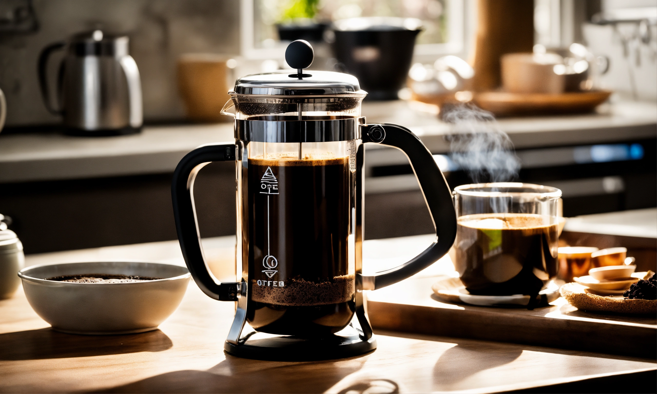 Lexica - Generate an image of a French press along with freshly ground ...