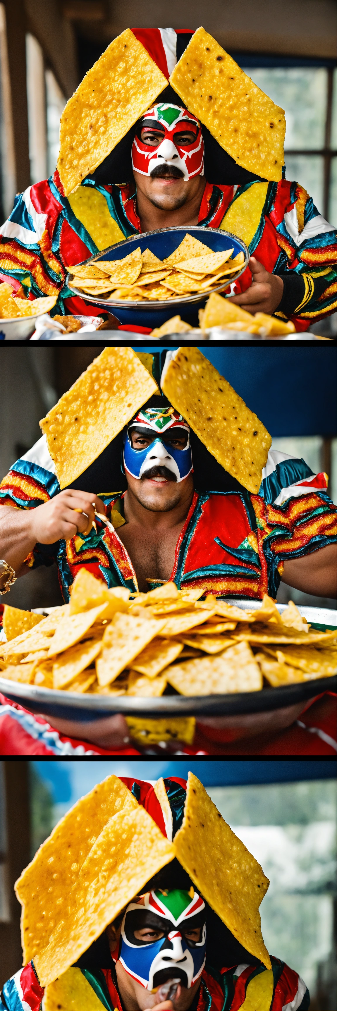 Lexica - Mexican wrestler dressed eating a mountain of nachos