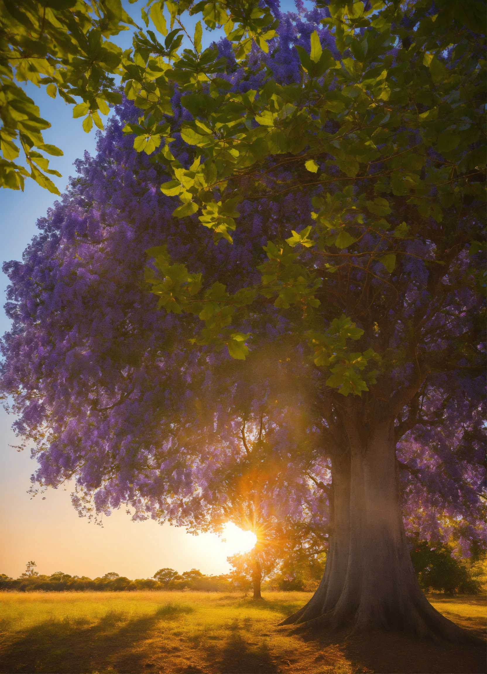 Lexica - Jacaranda, blue sky, trees and sun shining in the background ...