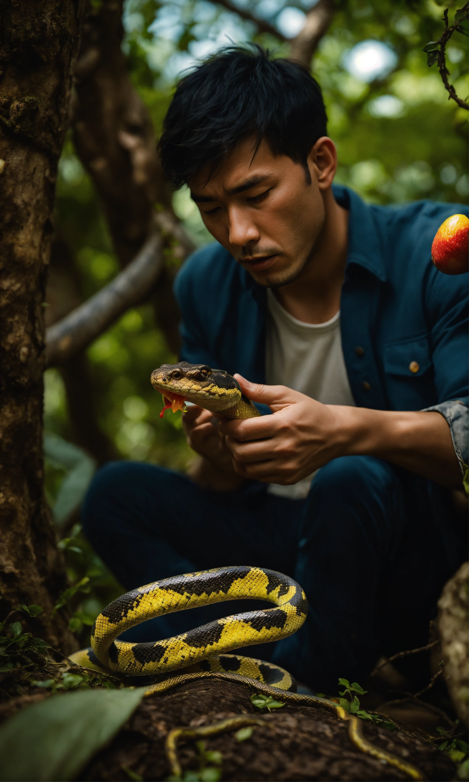 Lexica - A sad man eating an unknown fruit from a tree, a snake ...