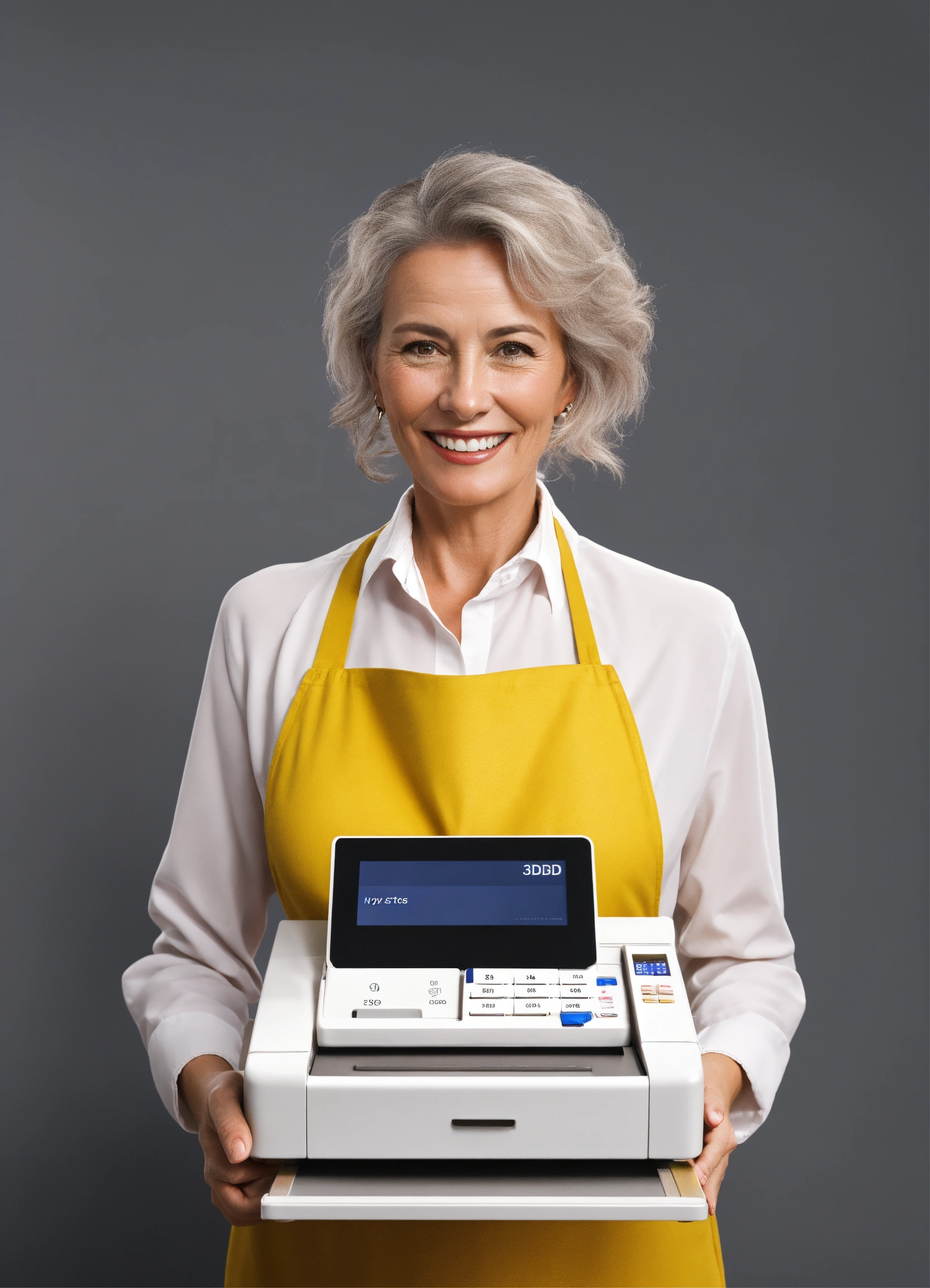 Lexica - Smiling european middle-aged woman, holding a cash register ...