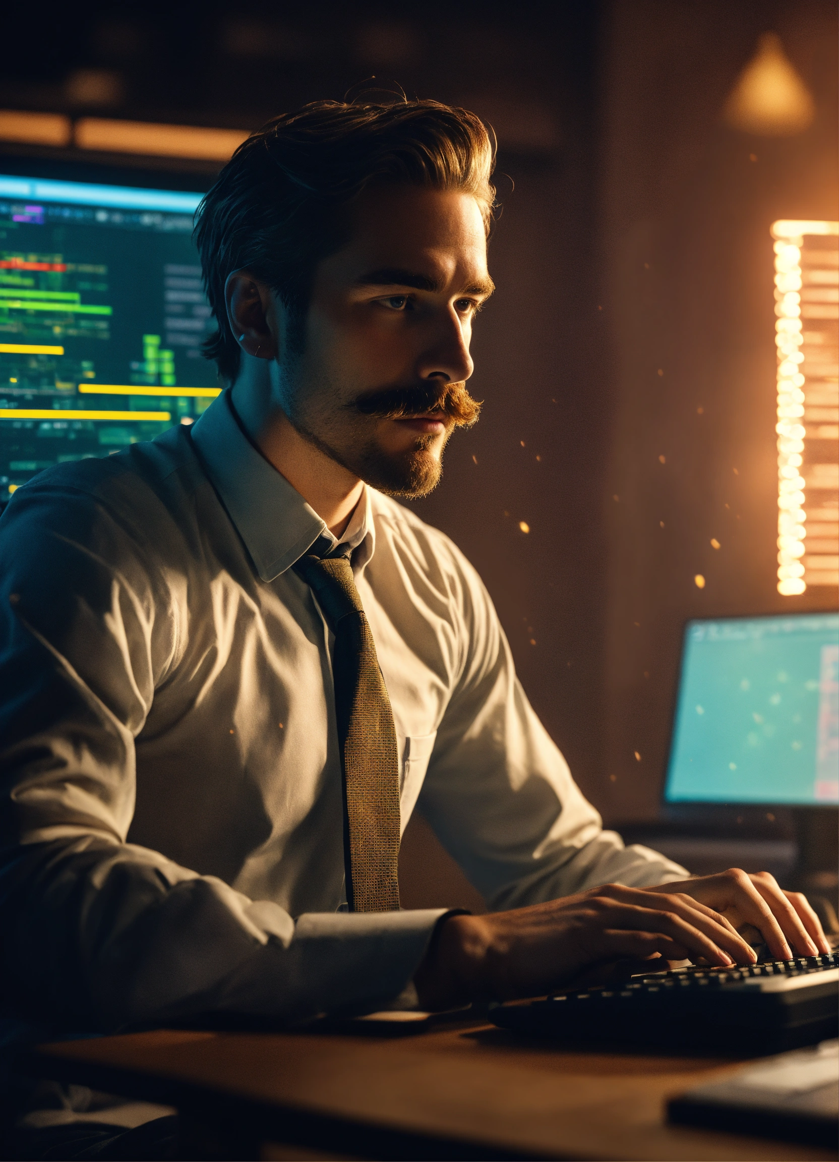 Lexica - Young, white male investment banker with mustache sitting at ...