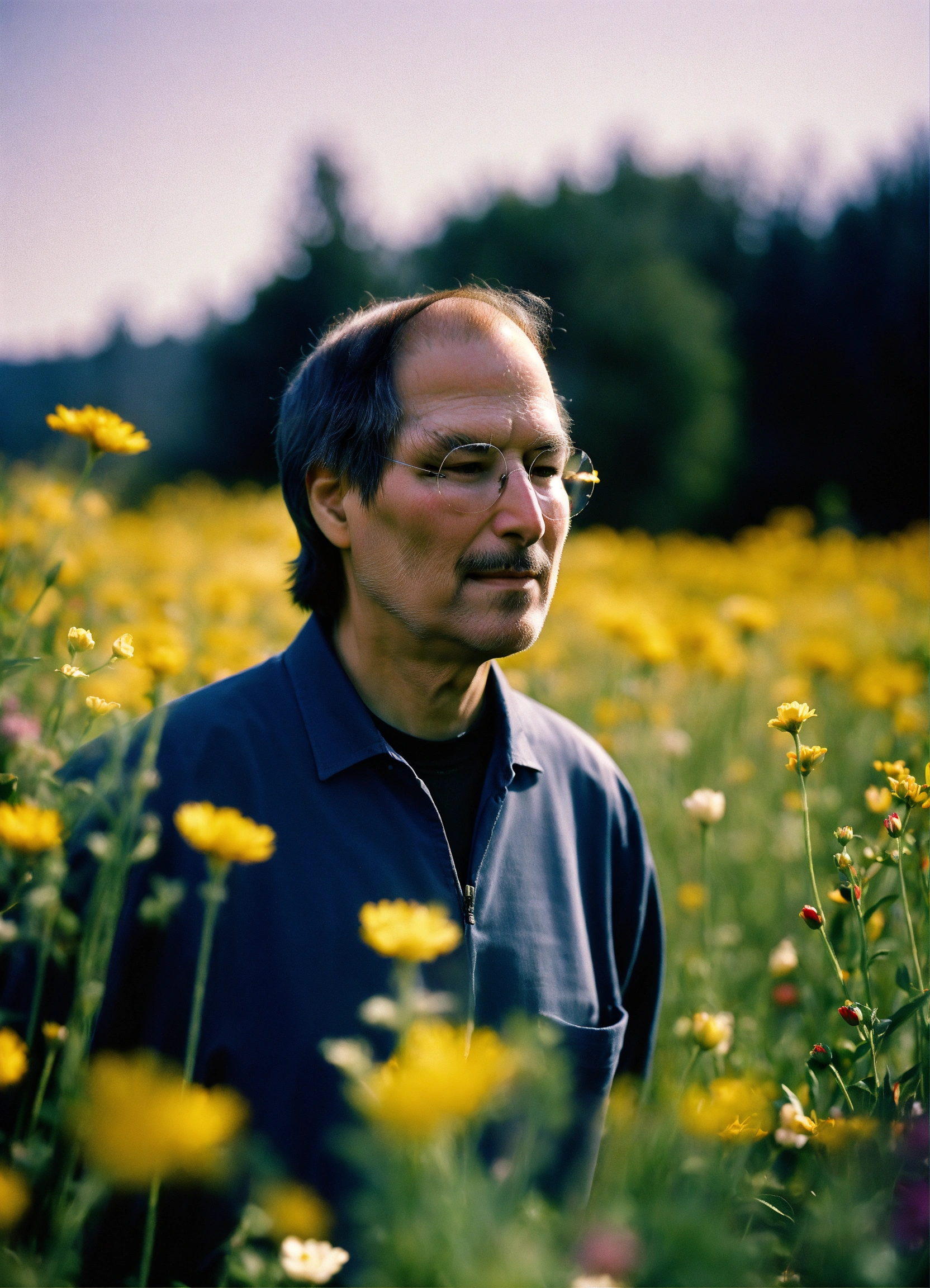 Lexica - Happy Steve Jobs standing in a beautiful field of flowers ...