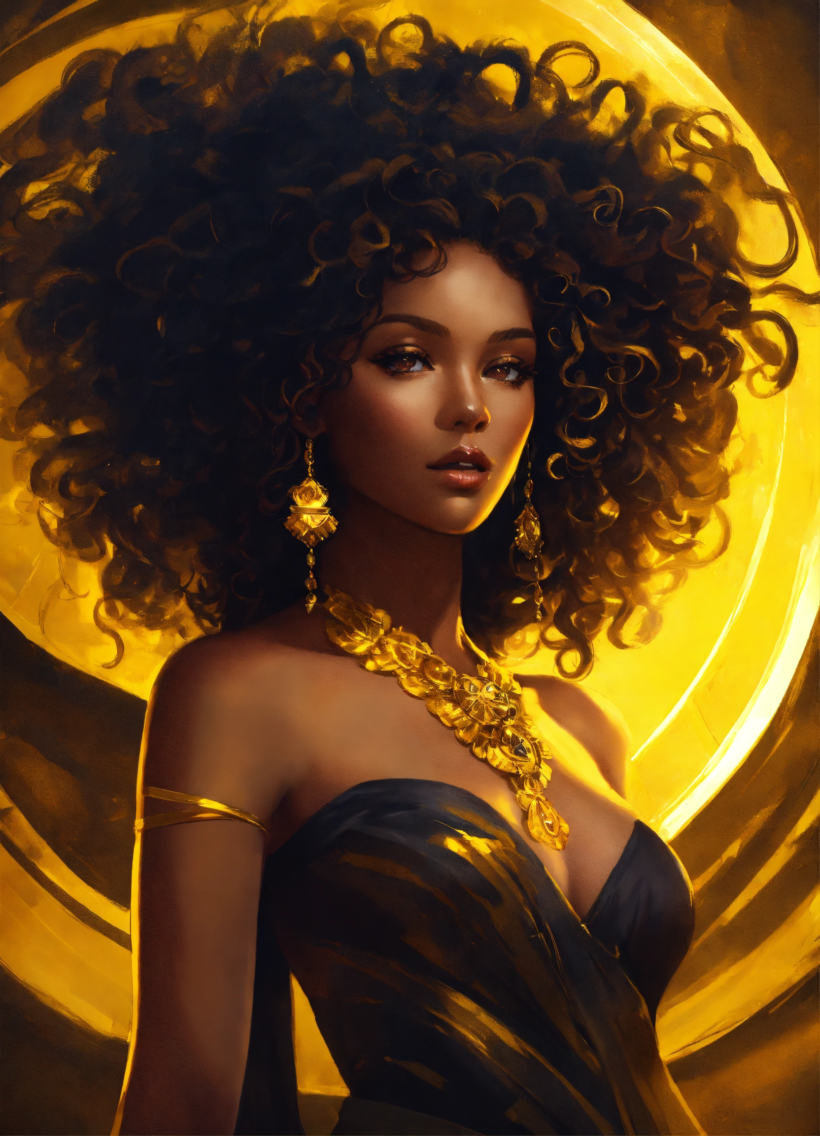 Lexica - Black goddess wearing flowing yellow dress, golden jewelry ...