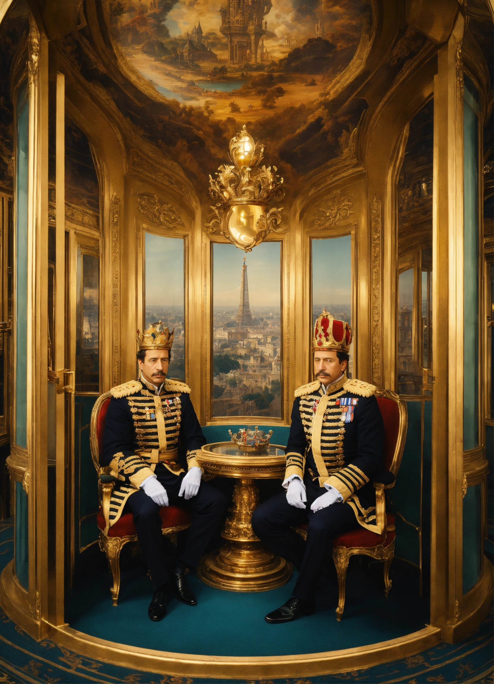 Lexica - Servants with Crown King sitting inside Flying capsule gold ...