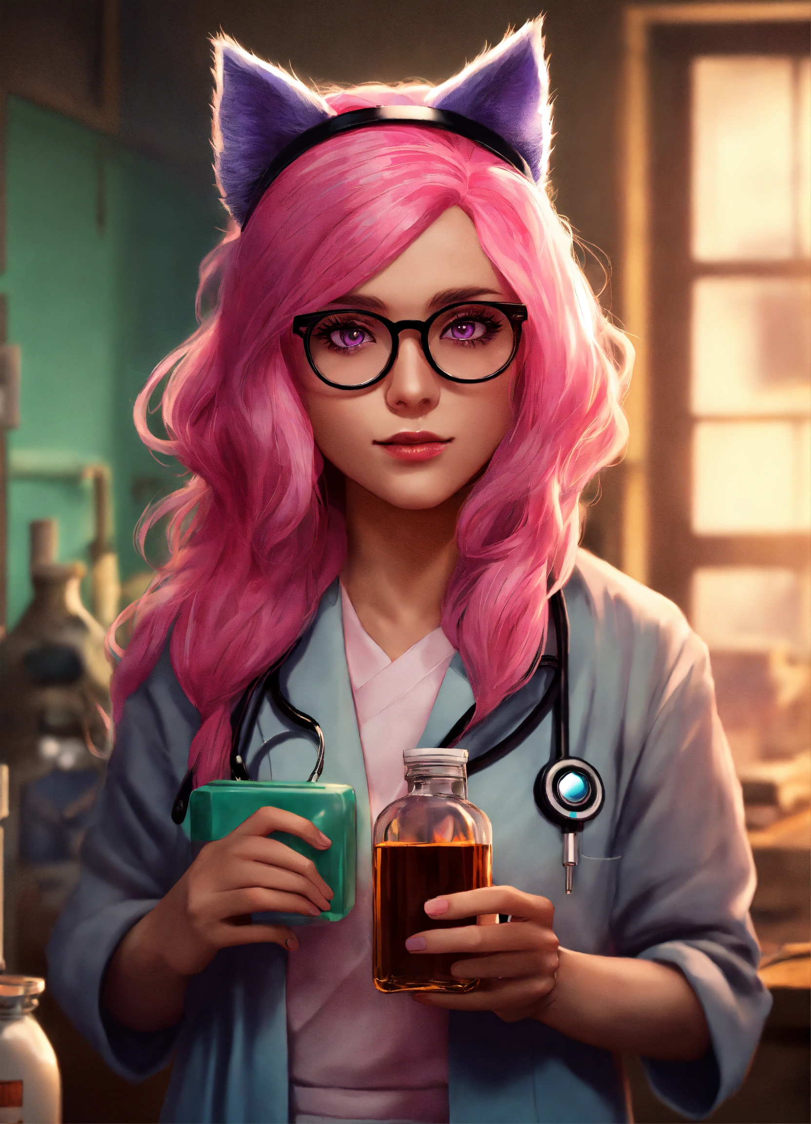 Lexica - Female doctor, with long pink hair, with cat ears color black ...