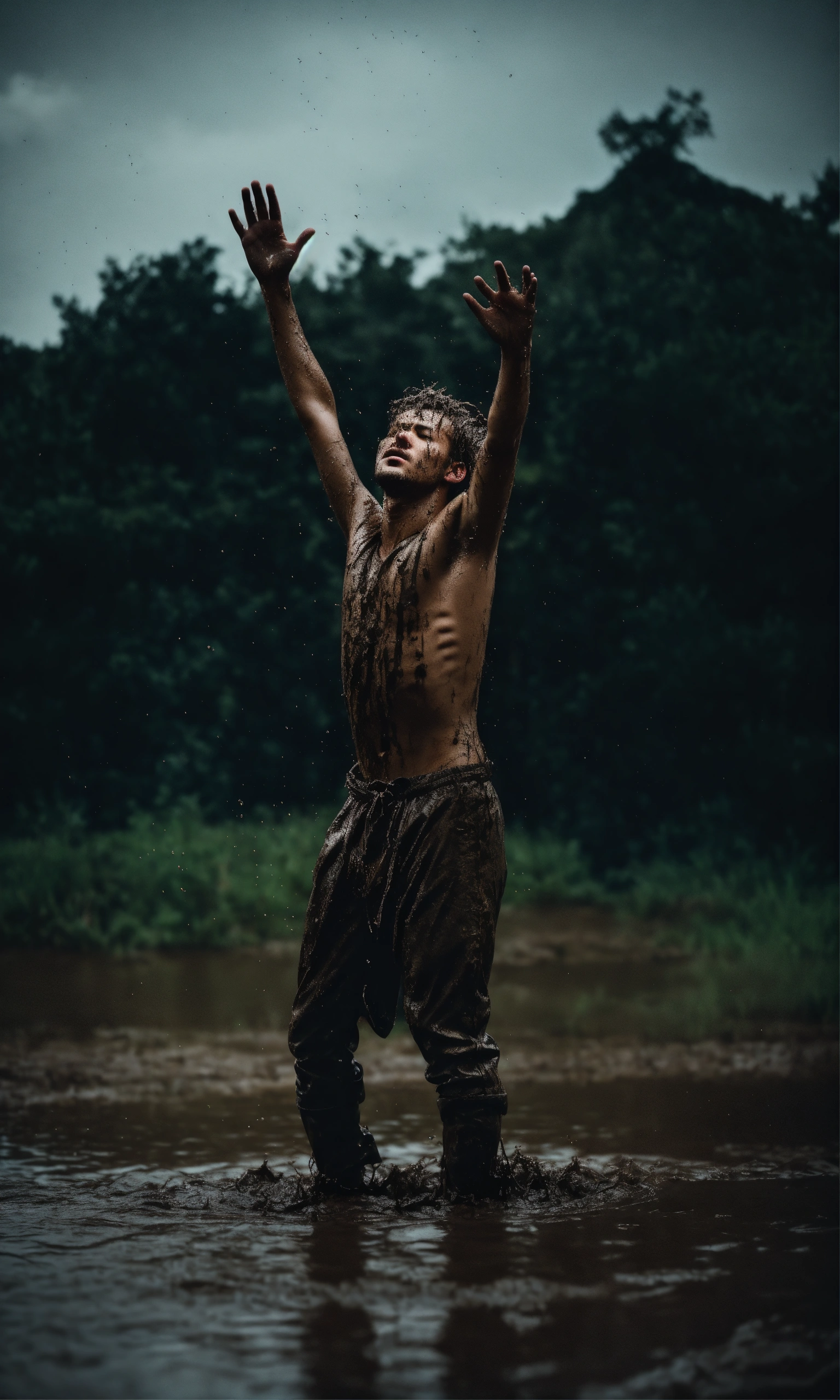 Lexica - A young dirty man falling in a mud pond, extending his hand to ...