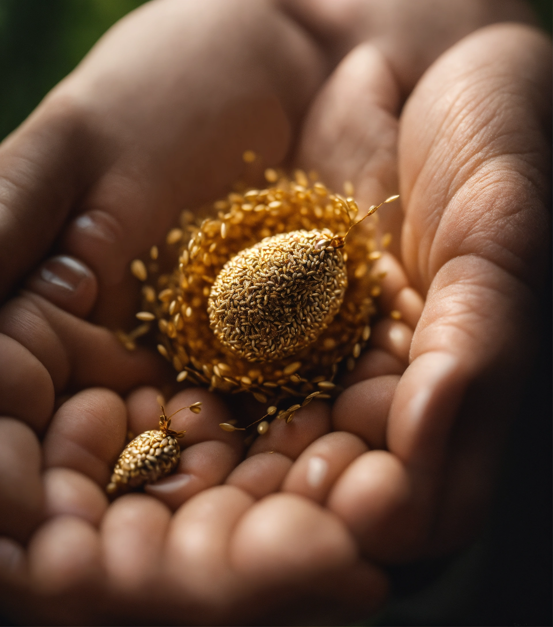 Lexica - A realistic photo of a single golden seed being holded by two ...