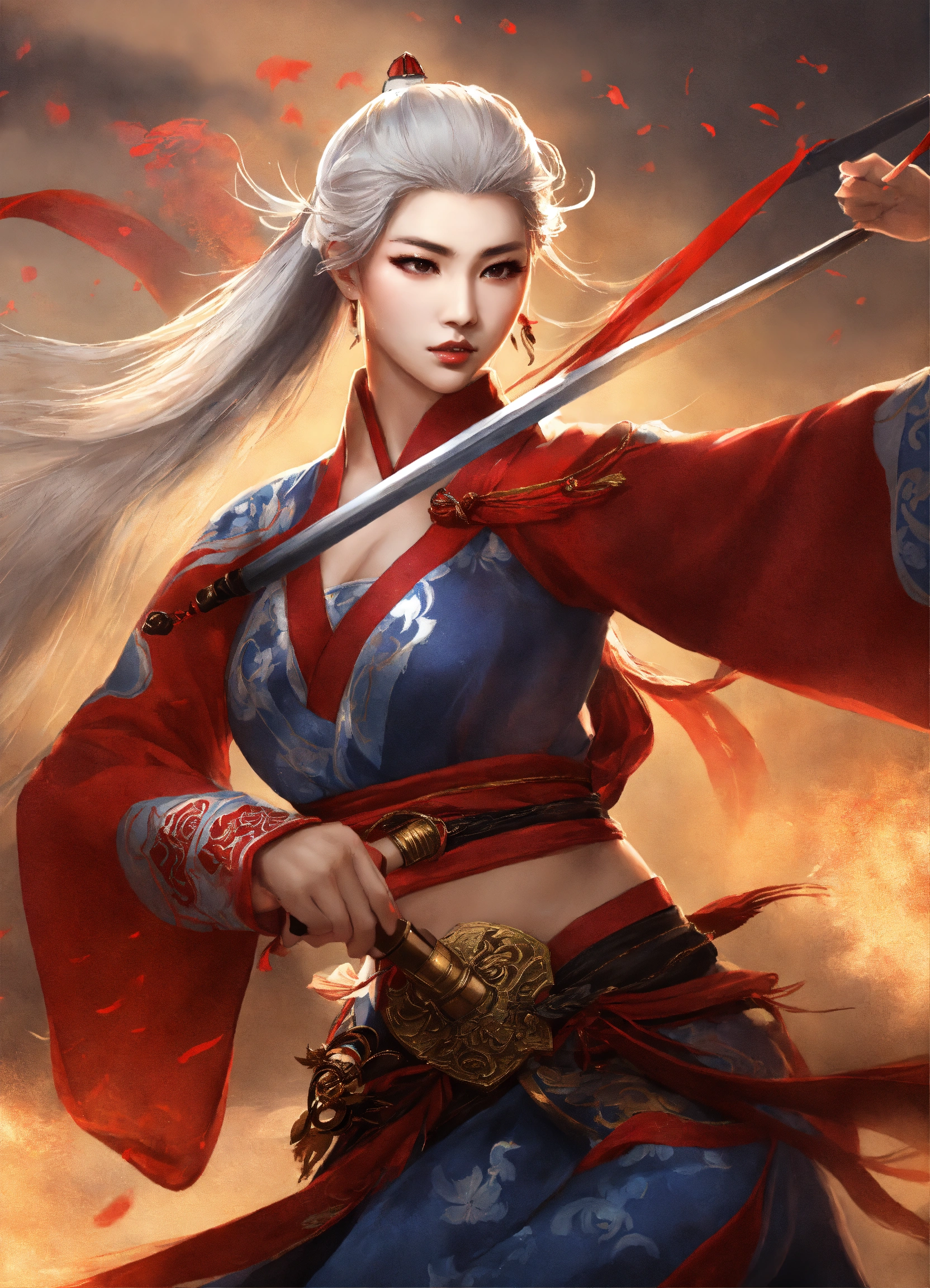 Lexica - Wuxia. Attractive courtesan with white hair, using a warfan to ...