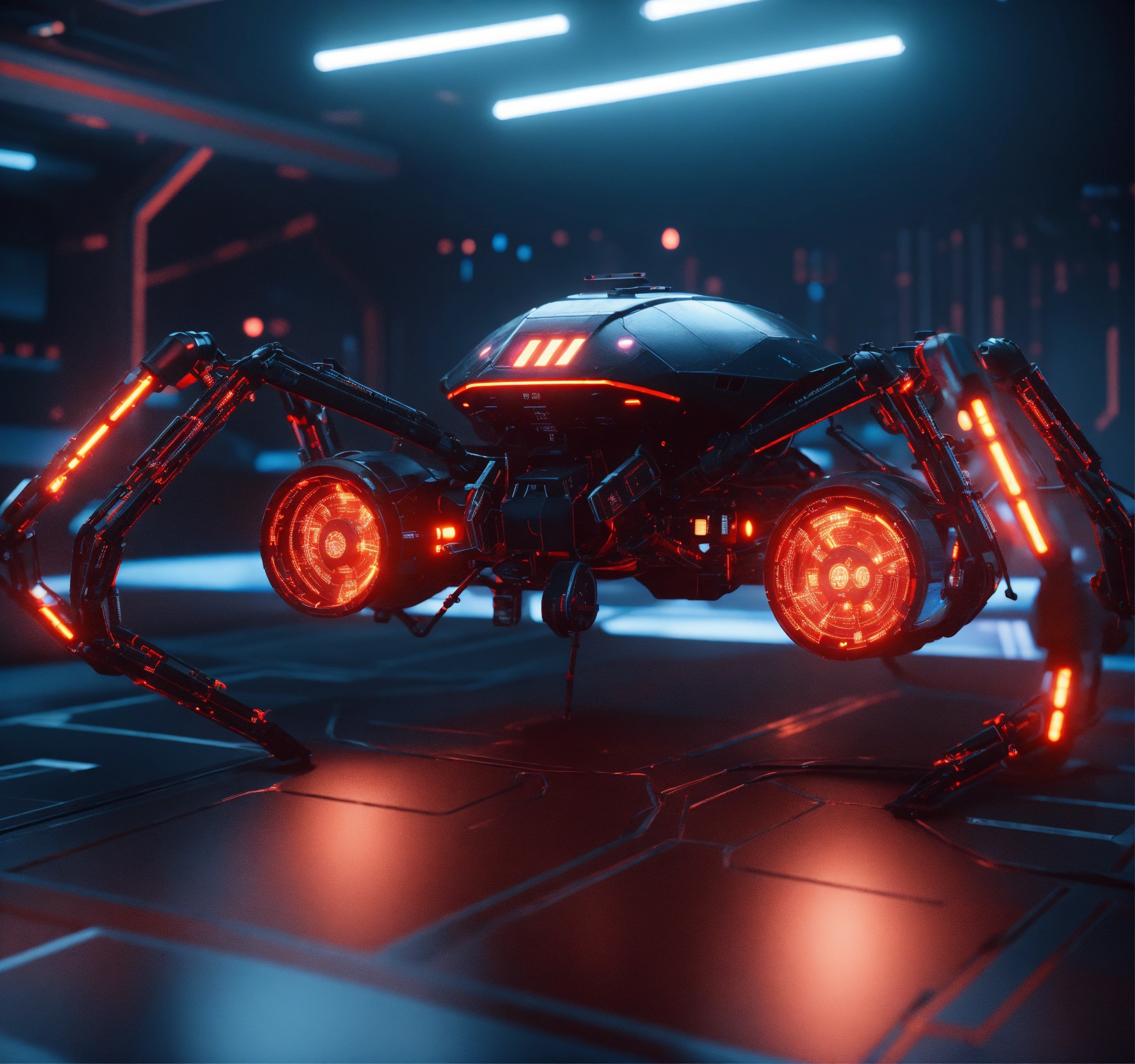 Lexica - Zoom out on a extra long black robotic black widow spider ...