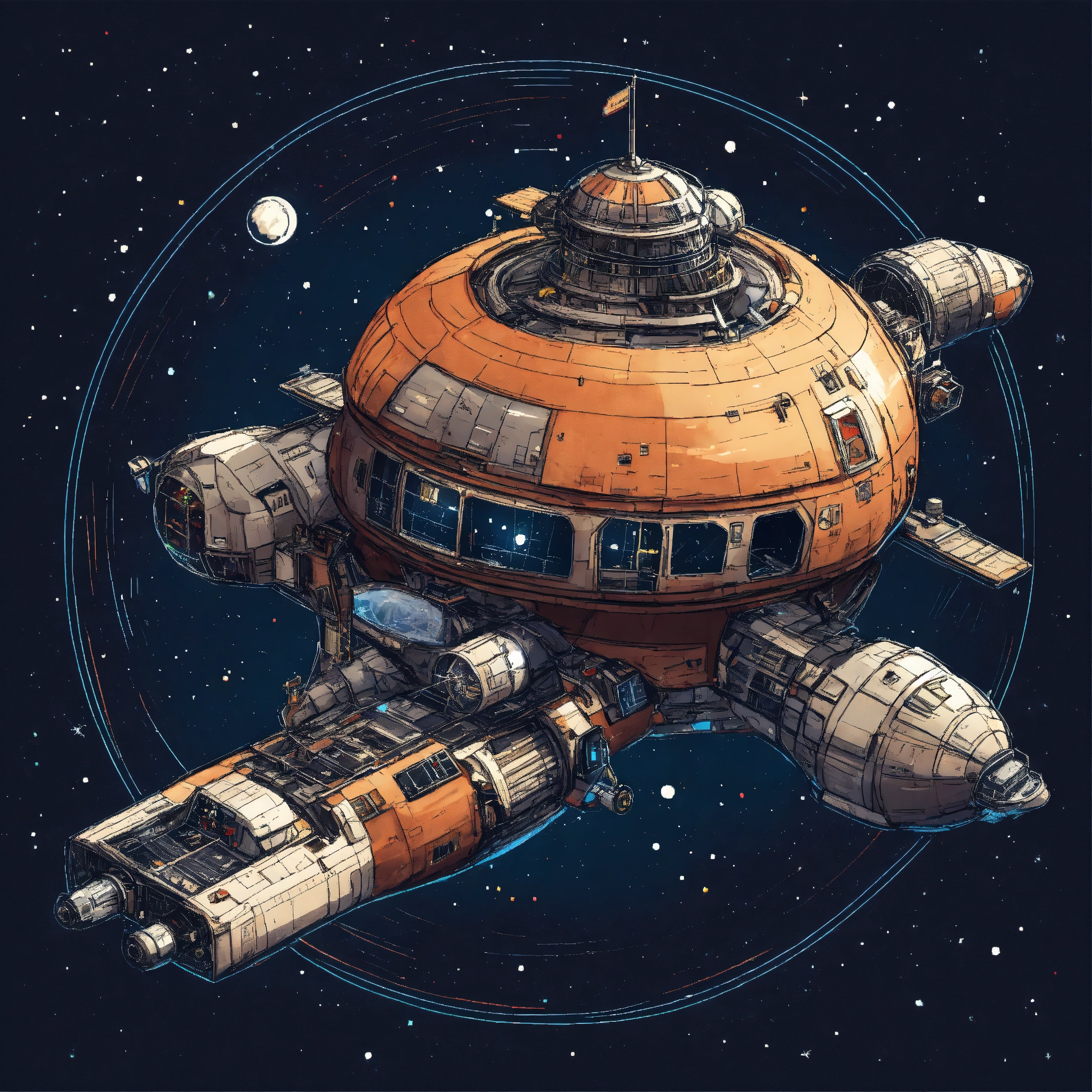 Lexica - Old spaceship docking in orbit. in drawing style color