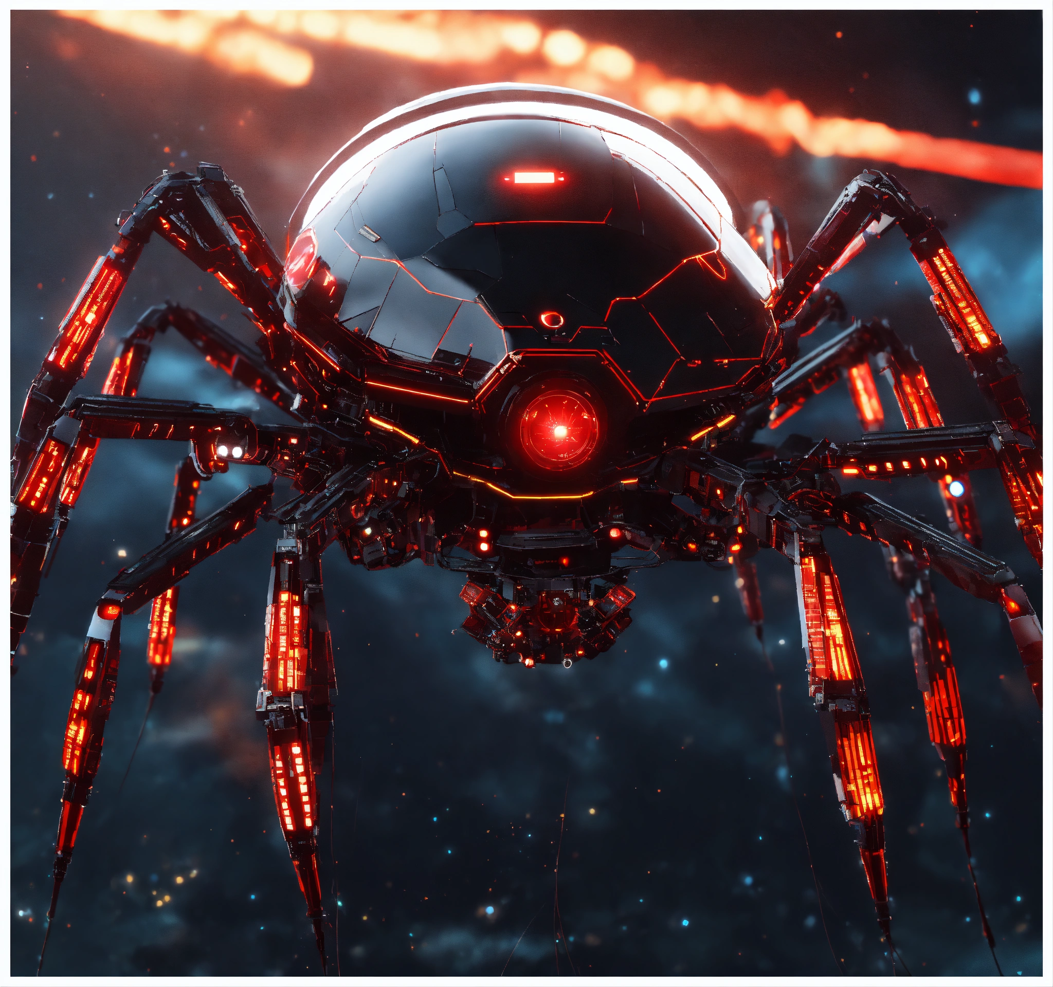 Lexica - Zoom out on a extra long black robotic black widow spider ...