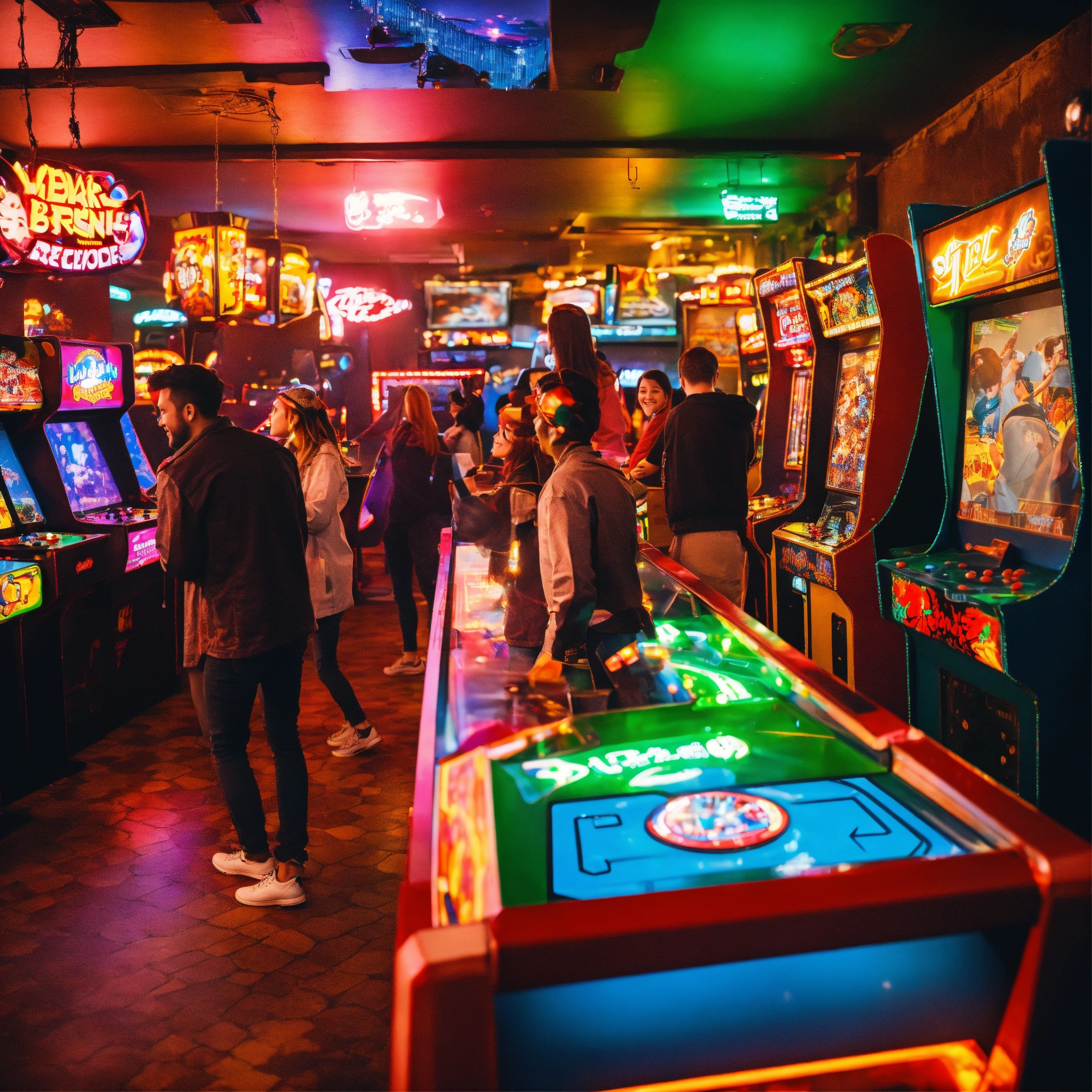 Lexica - A photo of a group of people playing arcade games. The people ...