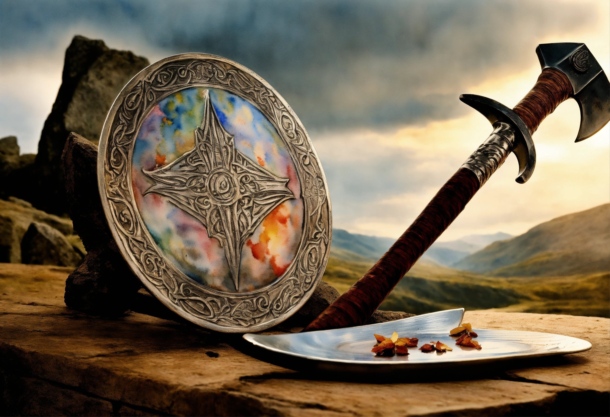 Lexica - An axe from LOTR on a silver plate in vagabond drawing art ...