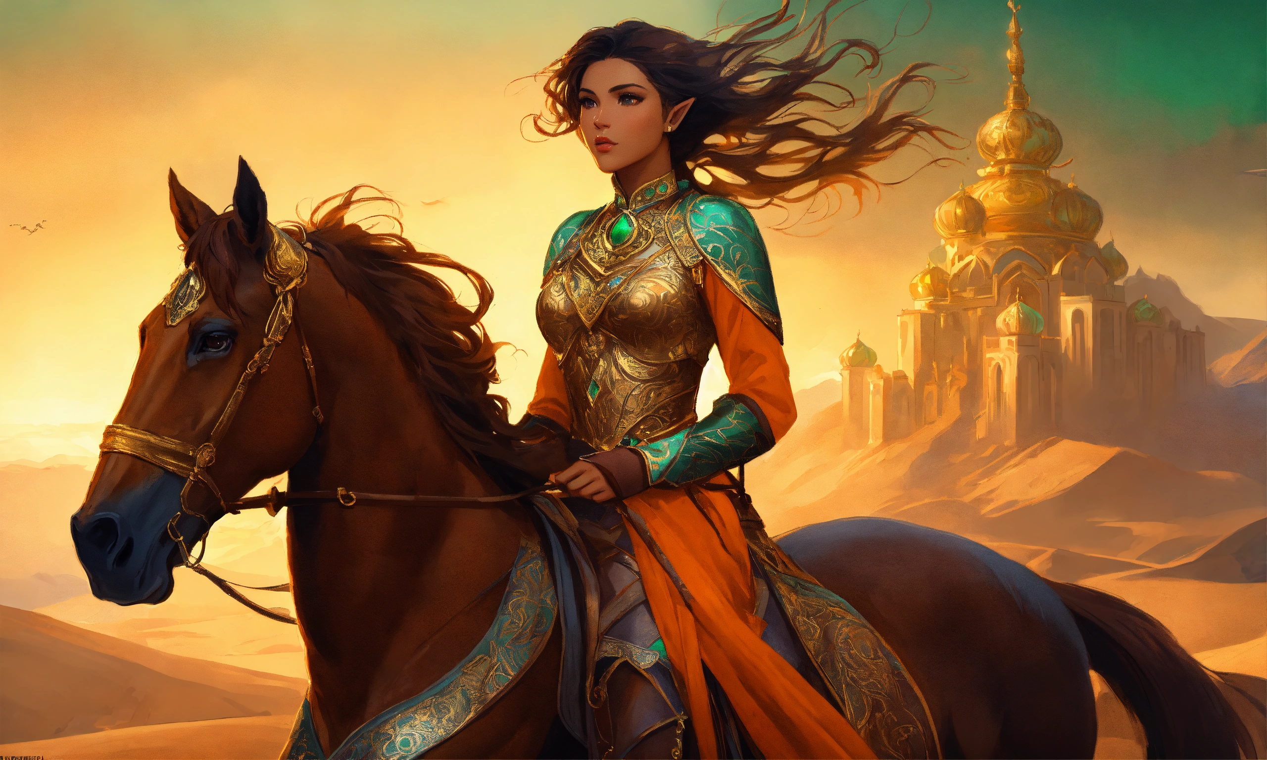 Lexica - Two Gorgeous Persian elf female warriors riding large brown ...