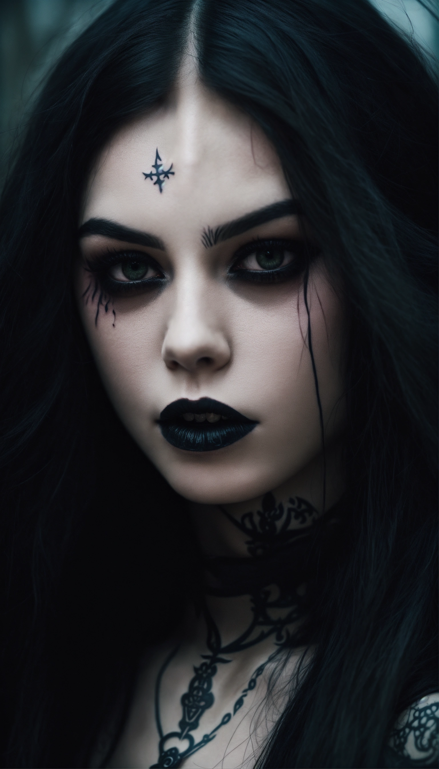 Lexica - A scary girl, close up face, pale skin, long crazy black hair ...