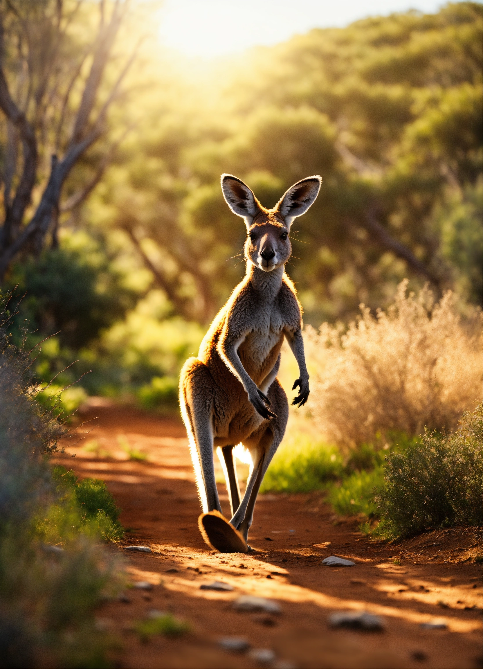 Lexica - Photorealistic, kangaroo running on bushland, wide shot, sunny day