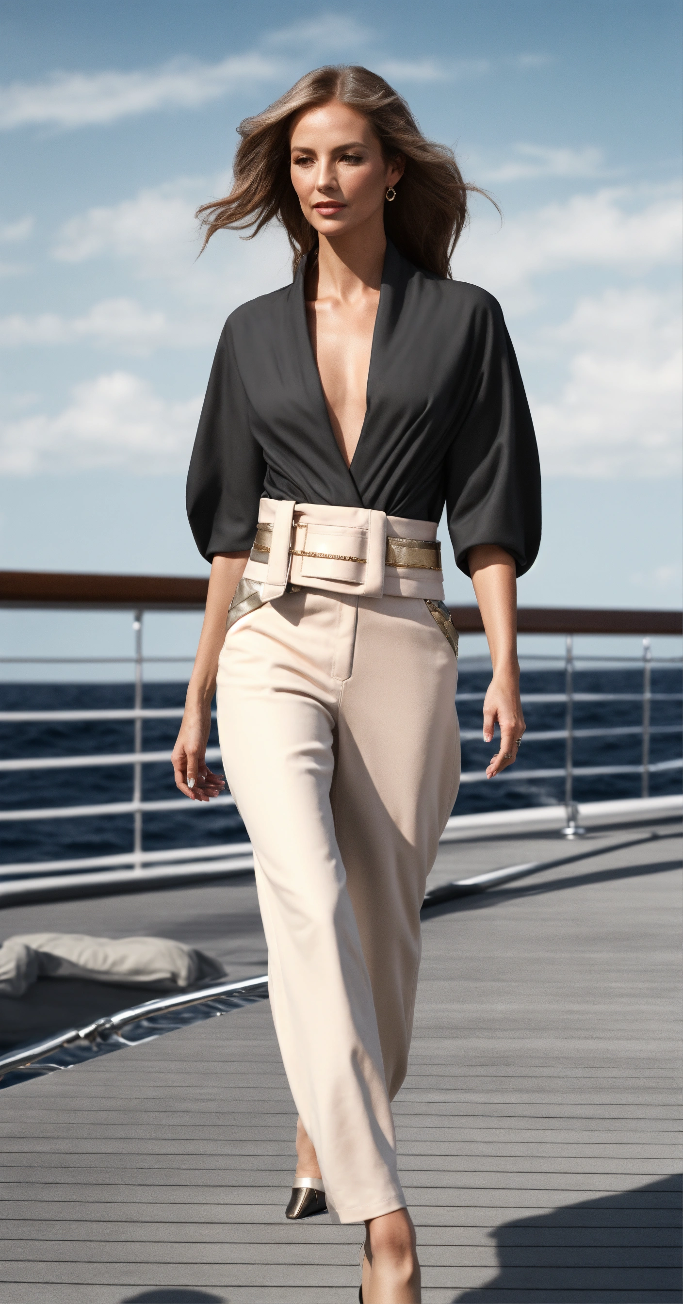 Lexica - 3d realistic photo of female captain walking runway during ...