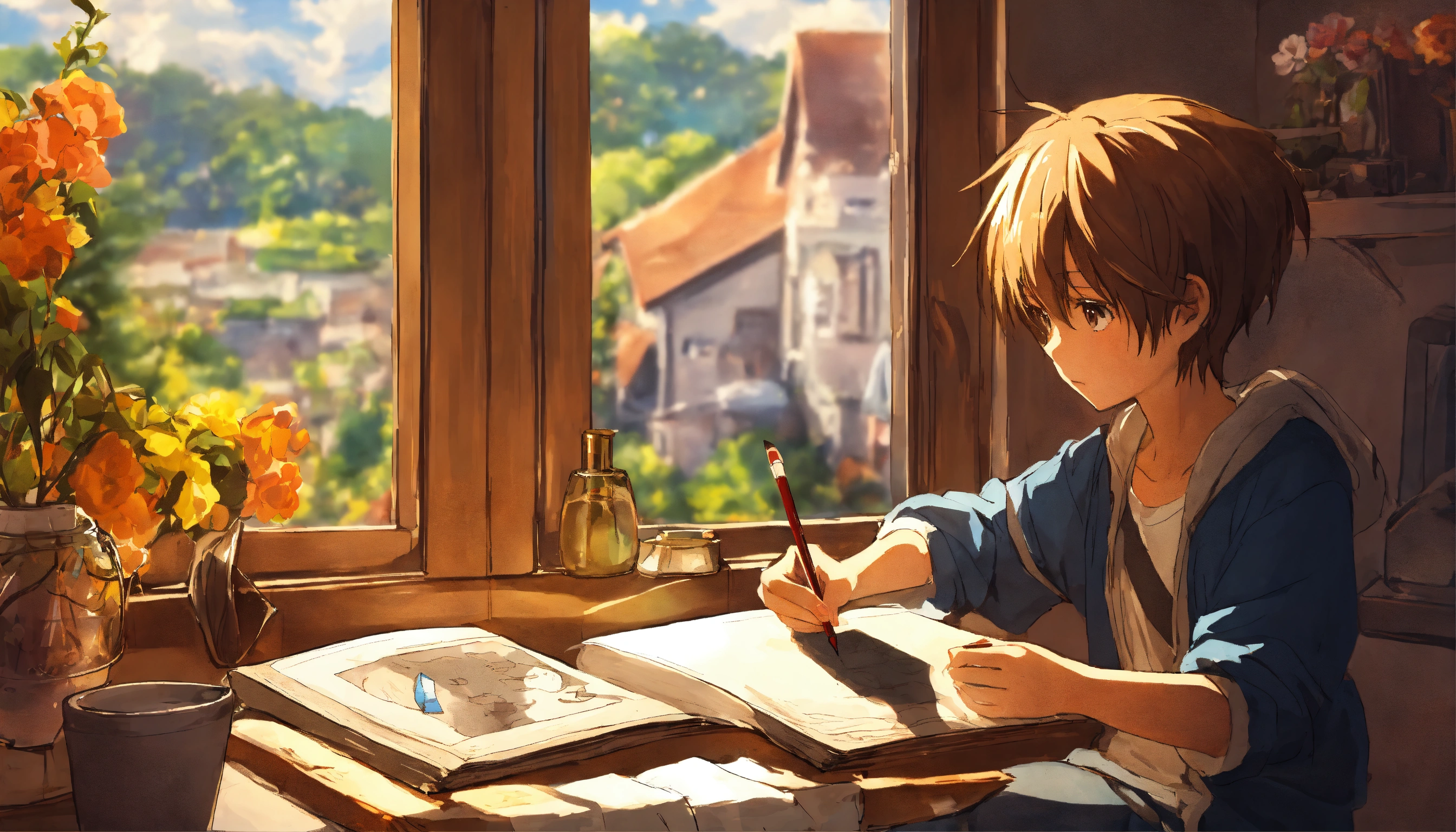 Lexica - Anime style, A girl draws a still life with plaster. Boy sits ...