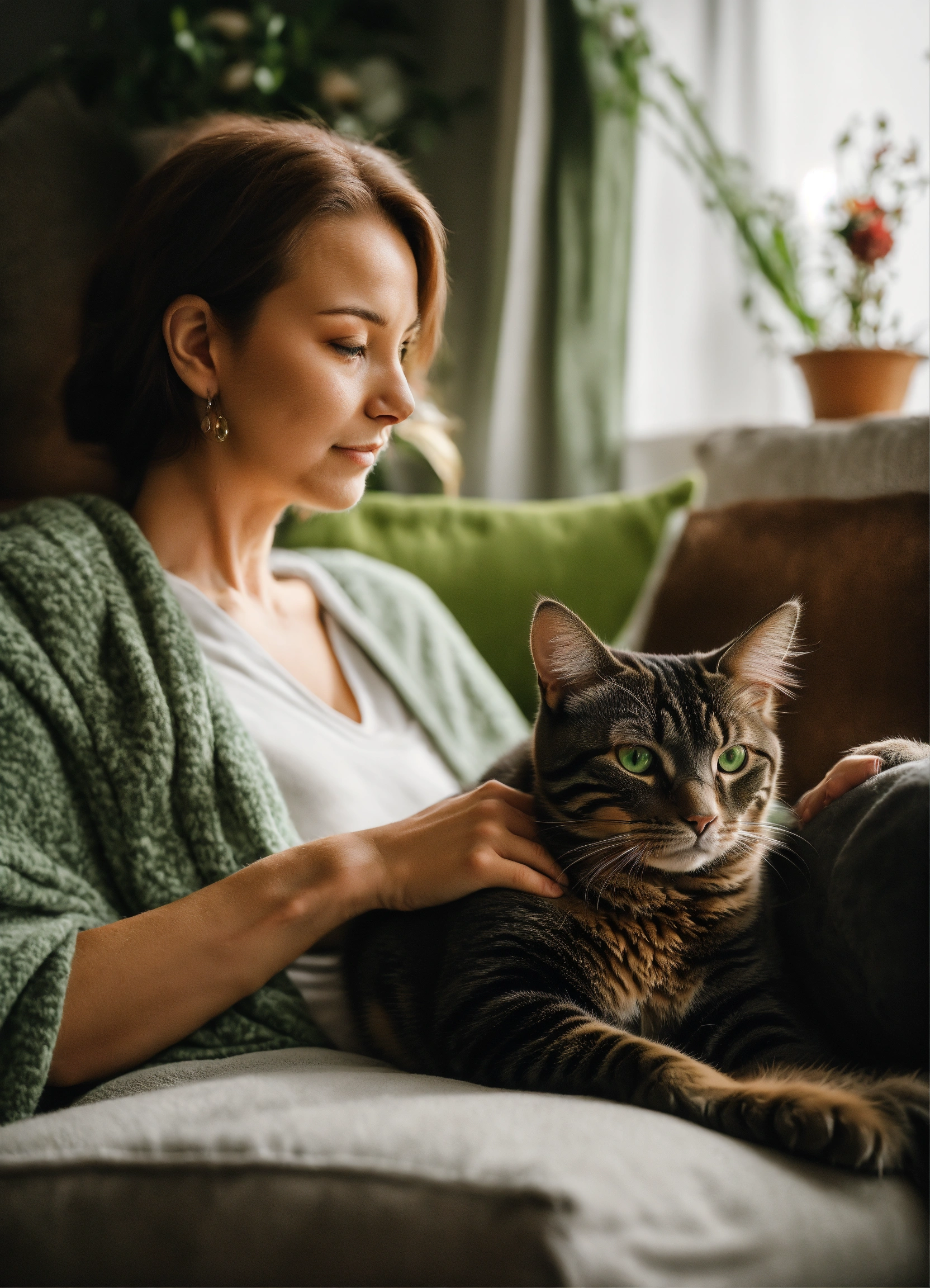 Lexica - A cute middle-aged cat with beautiful green-brown eyes sits ...