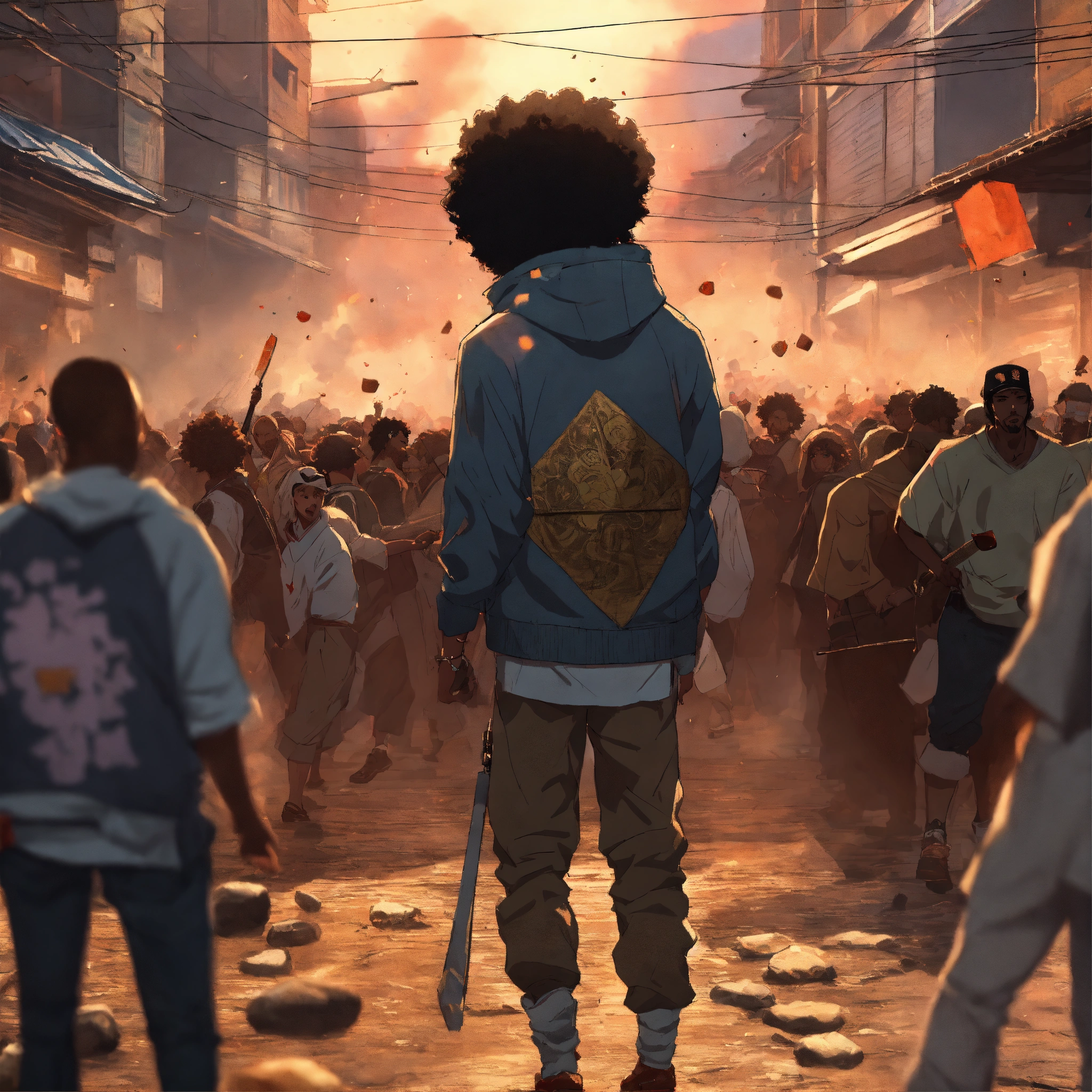 Lexica - Afro samurai anime, anime guy in hoodie throwing rocks behind ...