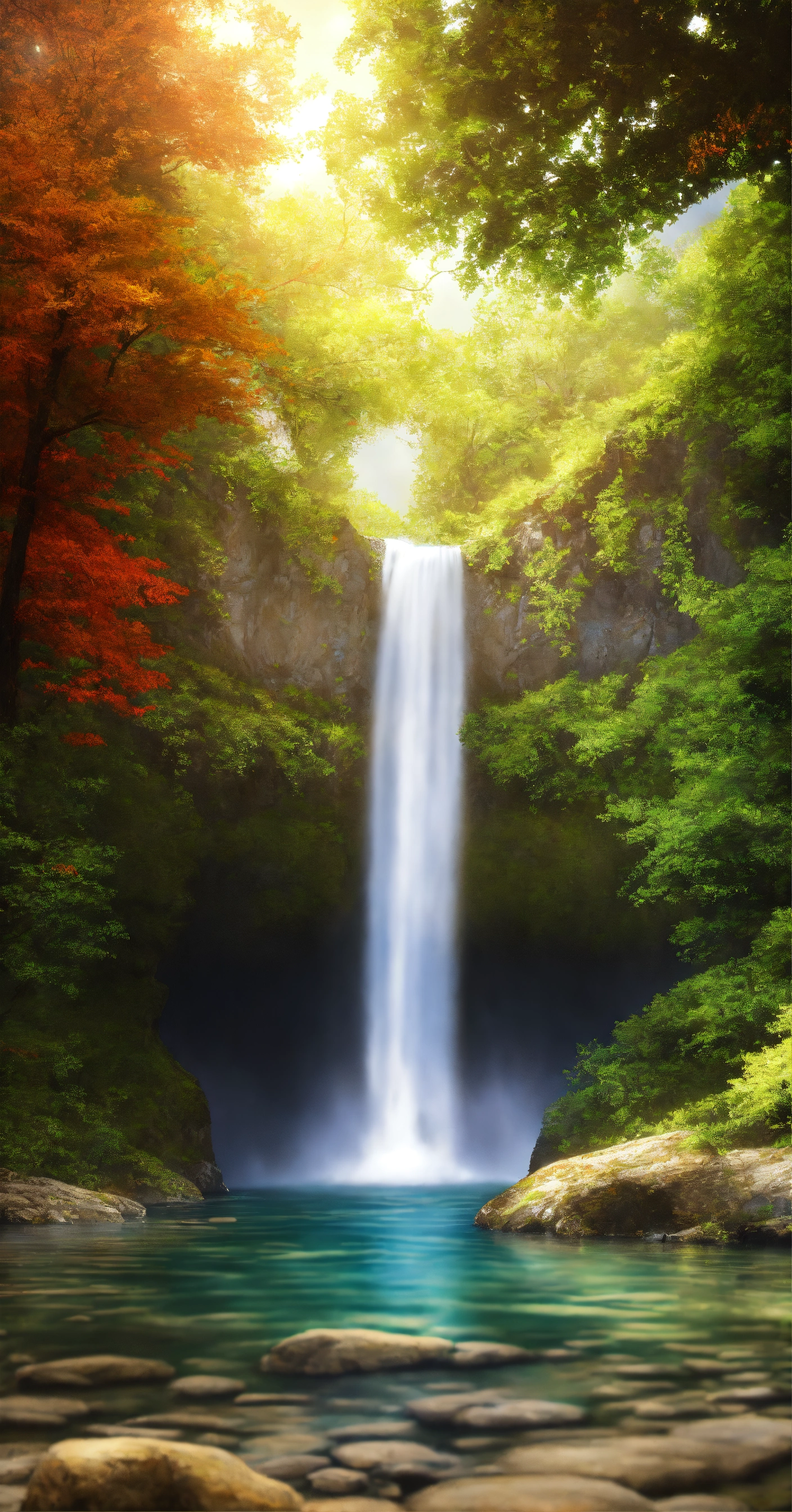 Lexica - Illustrate a serene, peaceful waterfall. This scene inspires ...