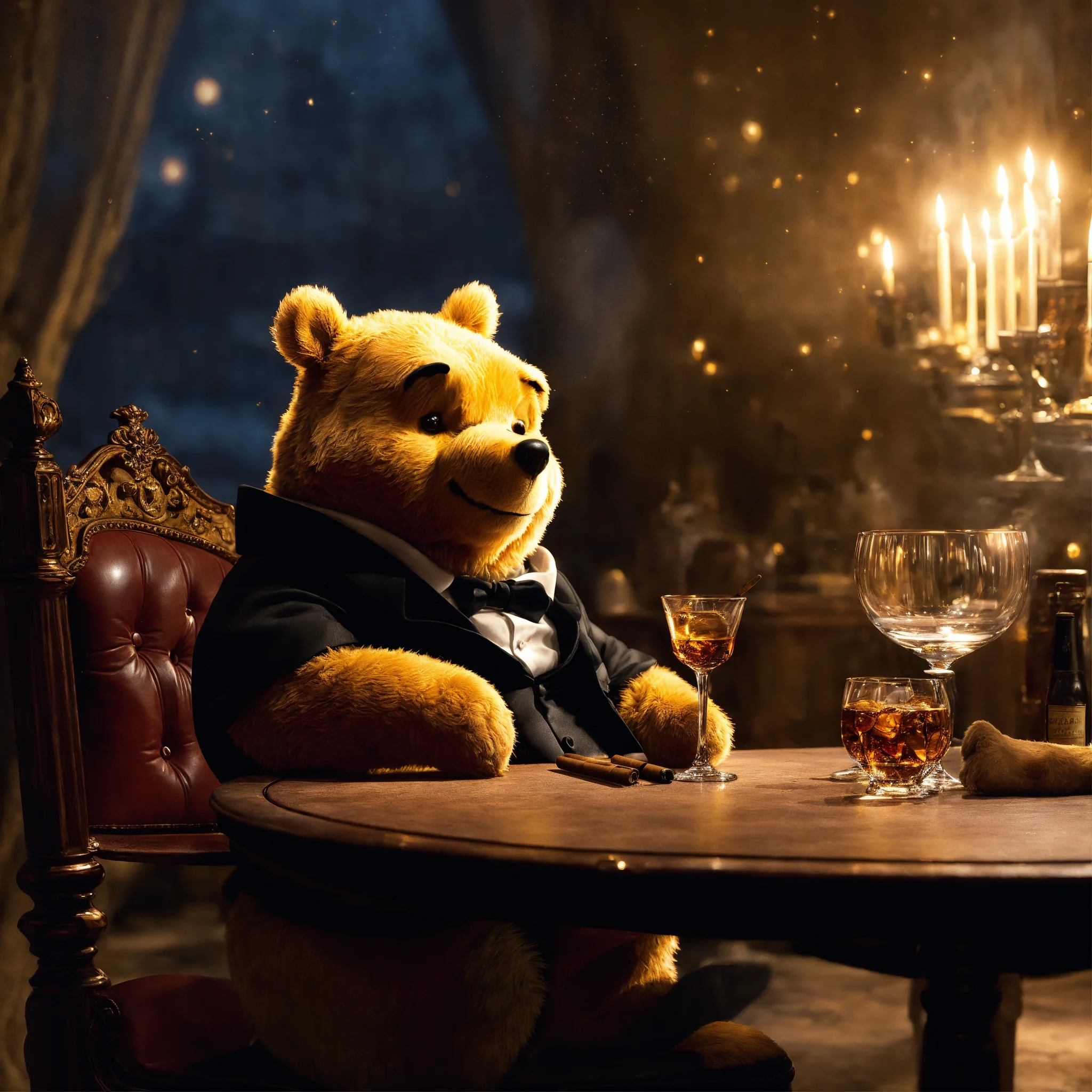 Lexica - Winnie the pooh in a tuxedo, serious look on his face, sitting ...