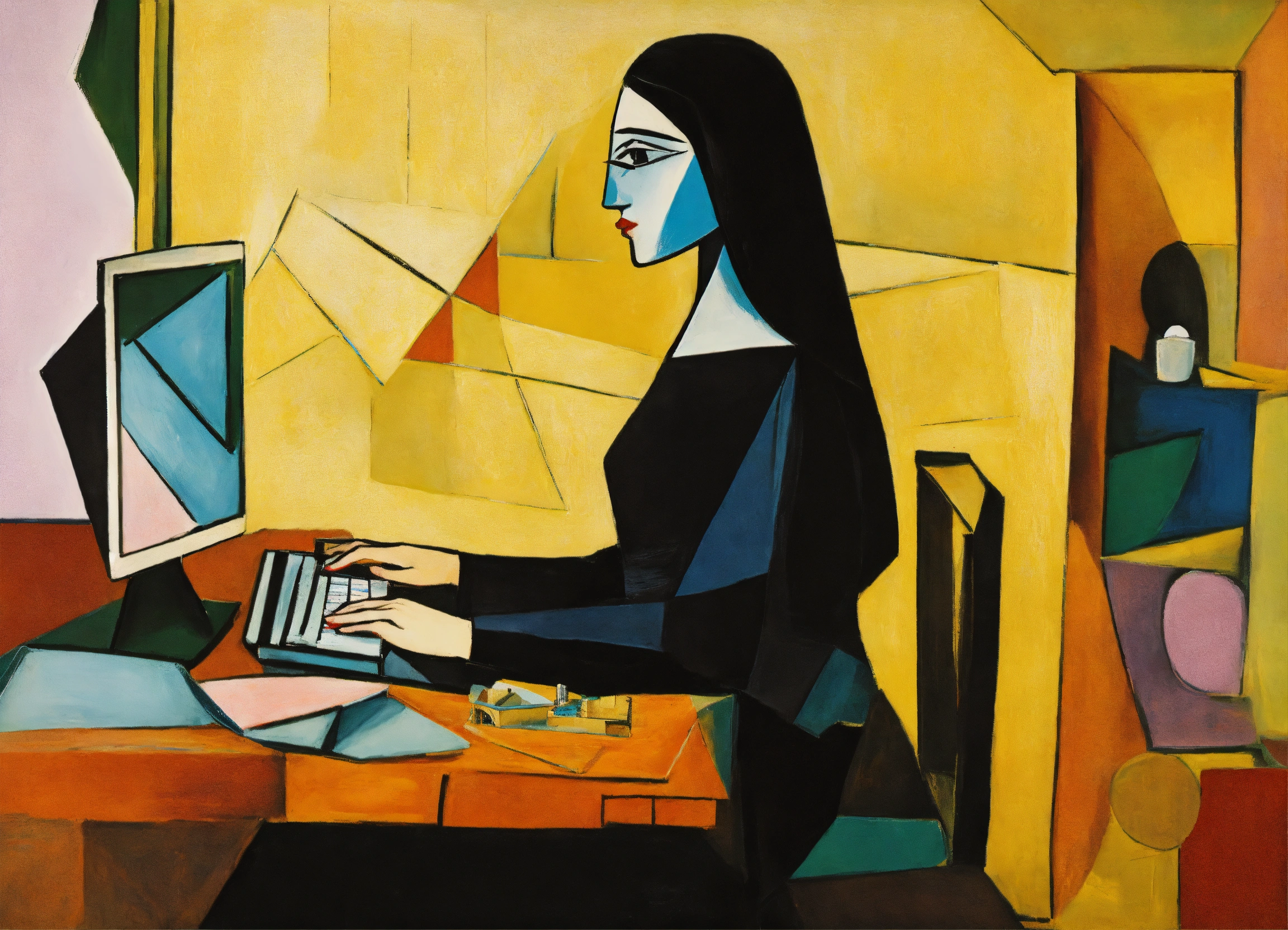 Lexica - A woman is using a computer, Picasso-style
