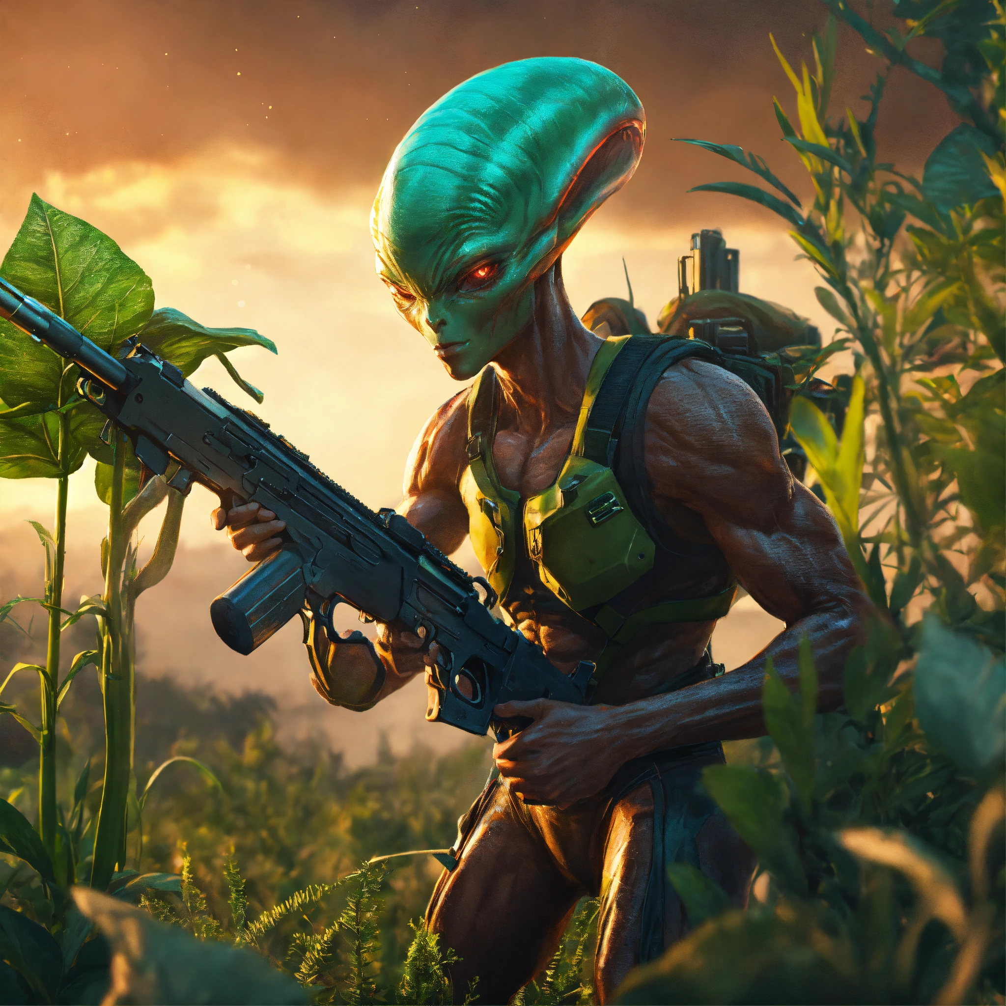 Lexica - Injured muscular alien hiding among plants with gun in hand in ...