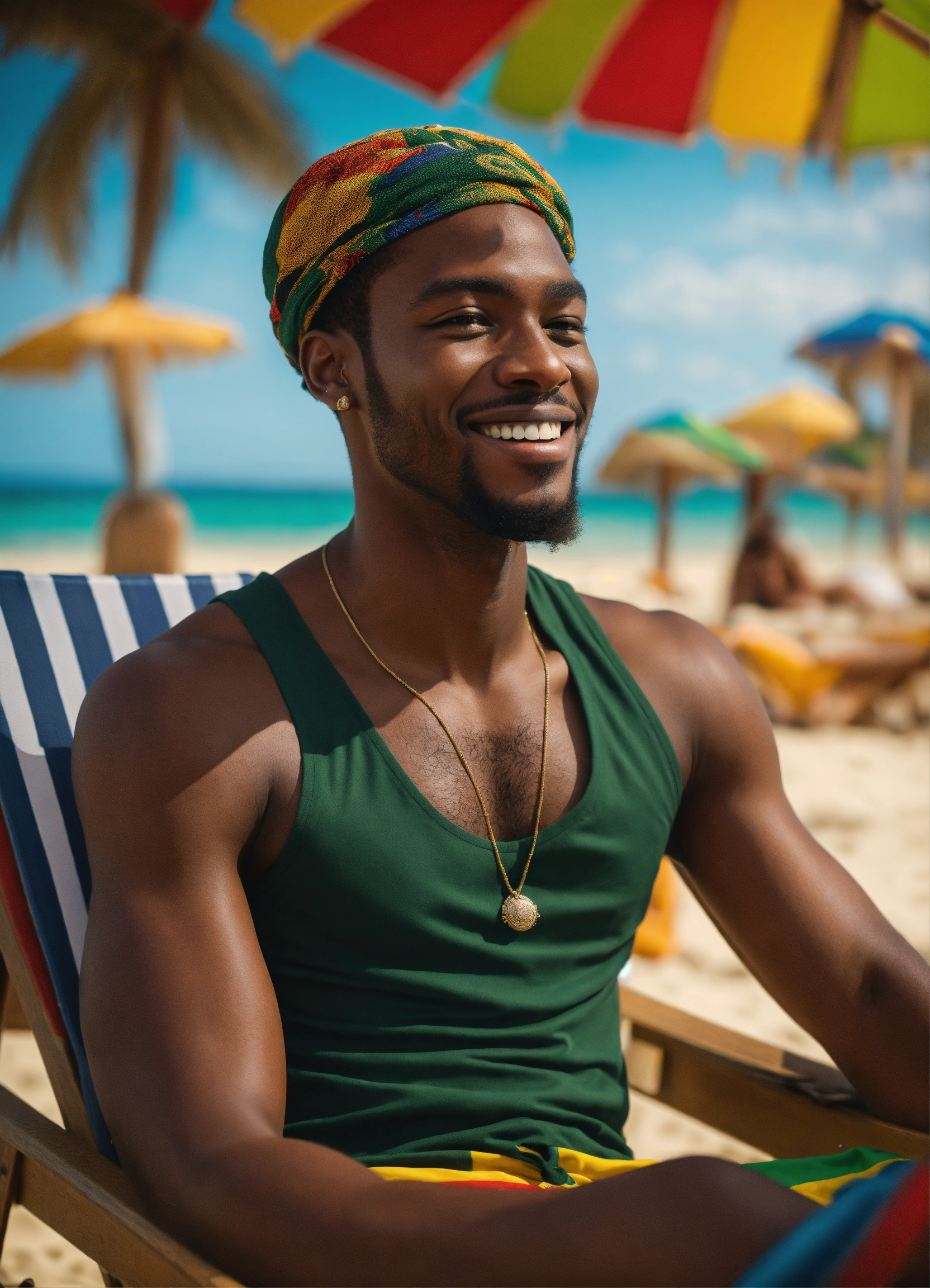 Lexica - Handsome black African man dark skin lying on a beach chair ...