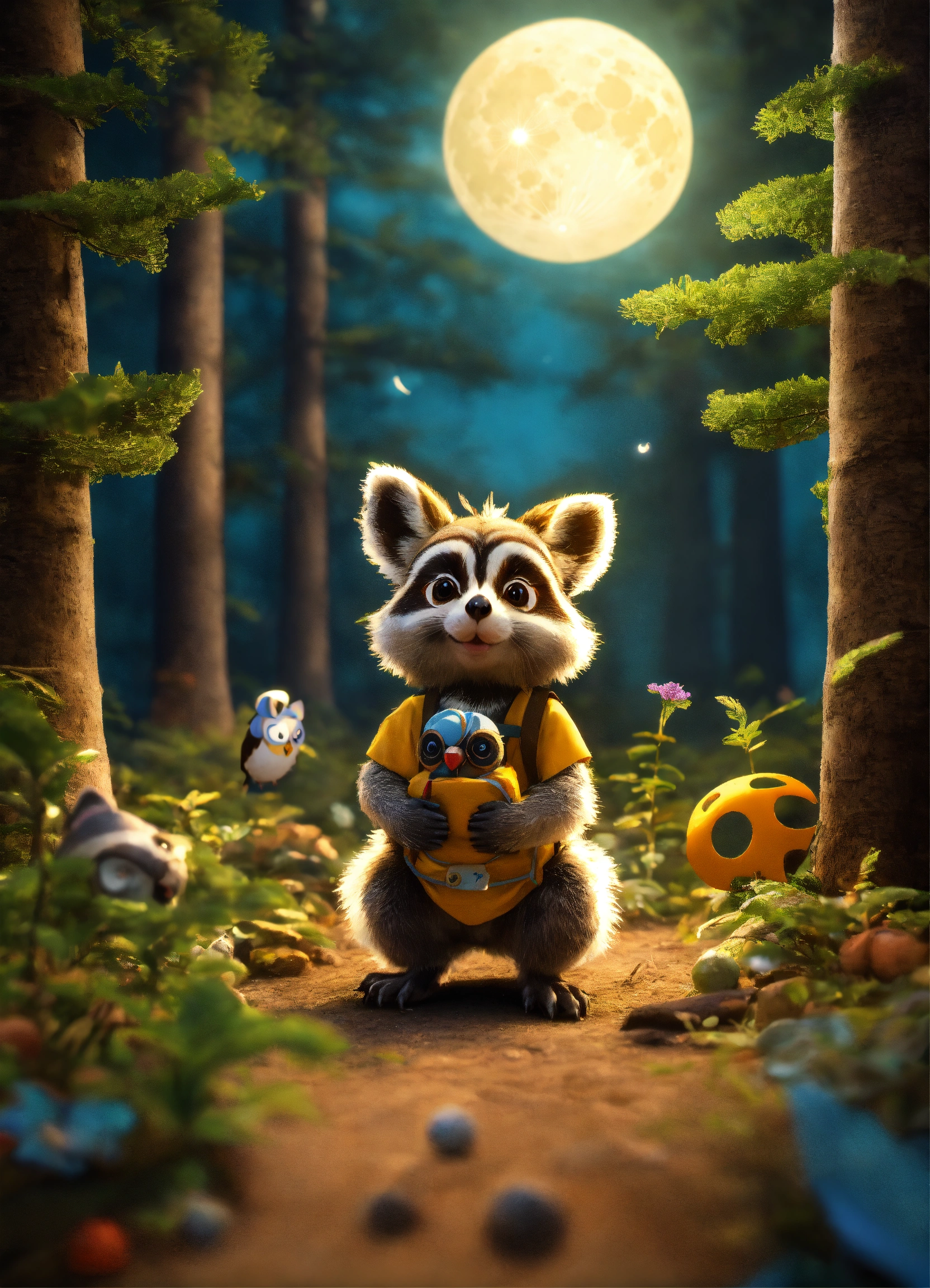 Lexica - Creating a story raccoon rabbit and owl in the middle of the ...
