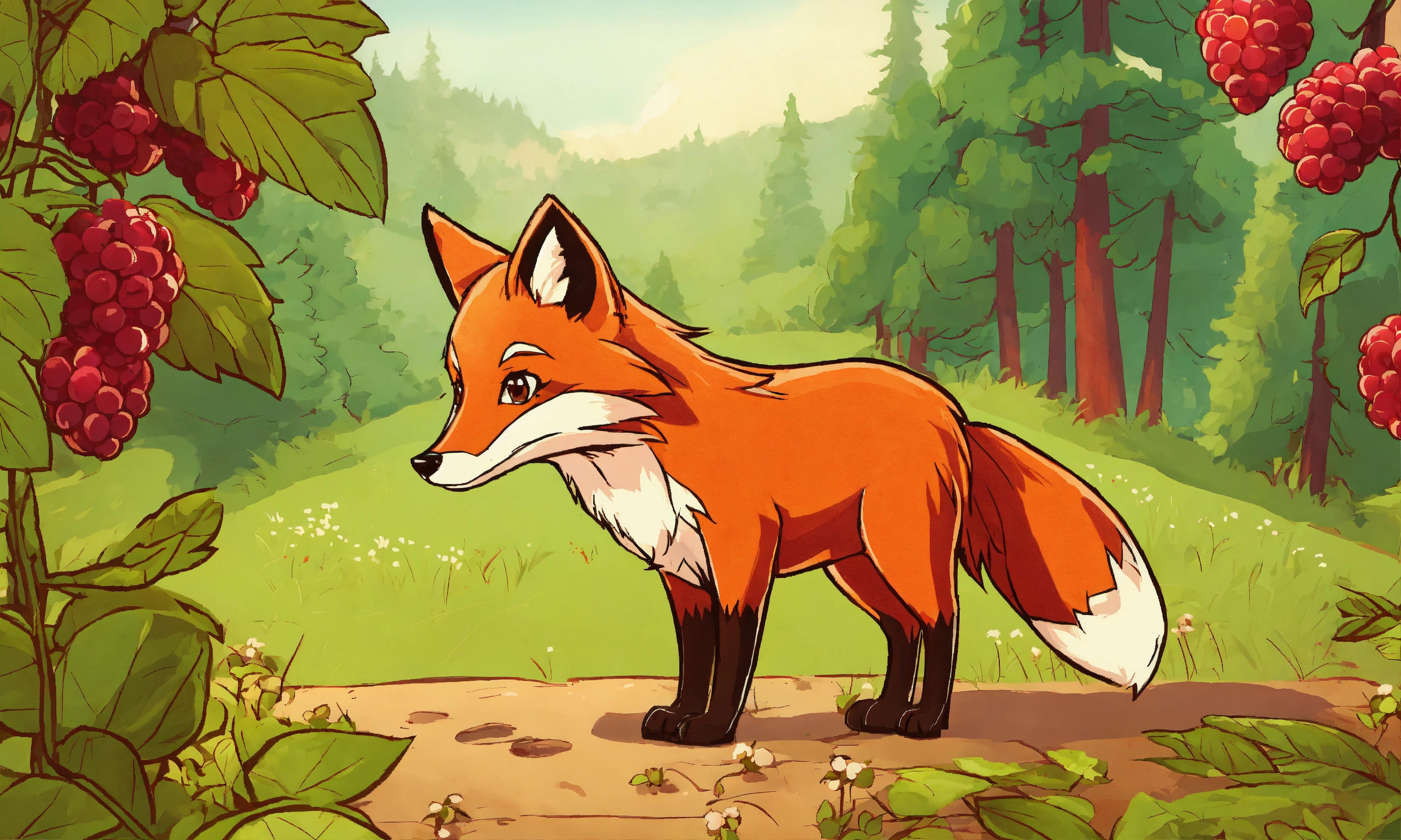 Lexica - Cartoon style. A cute huge fox is sneaking in the raspberry ...