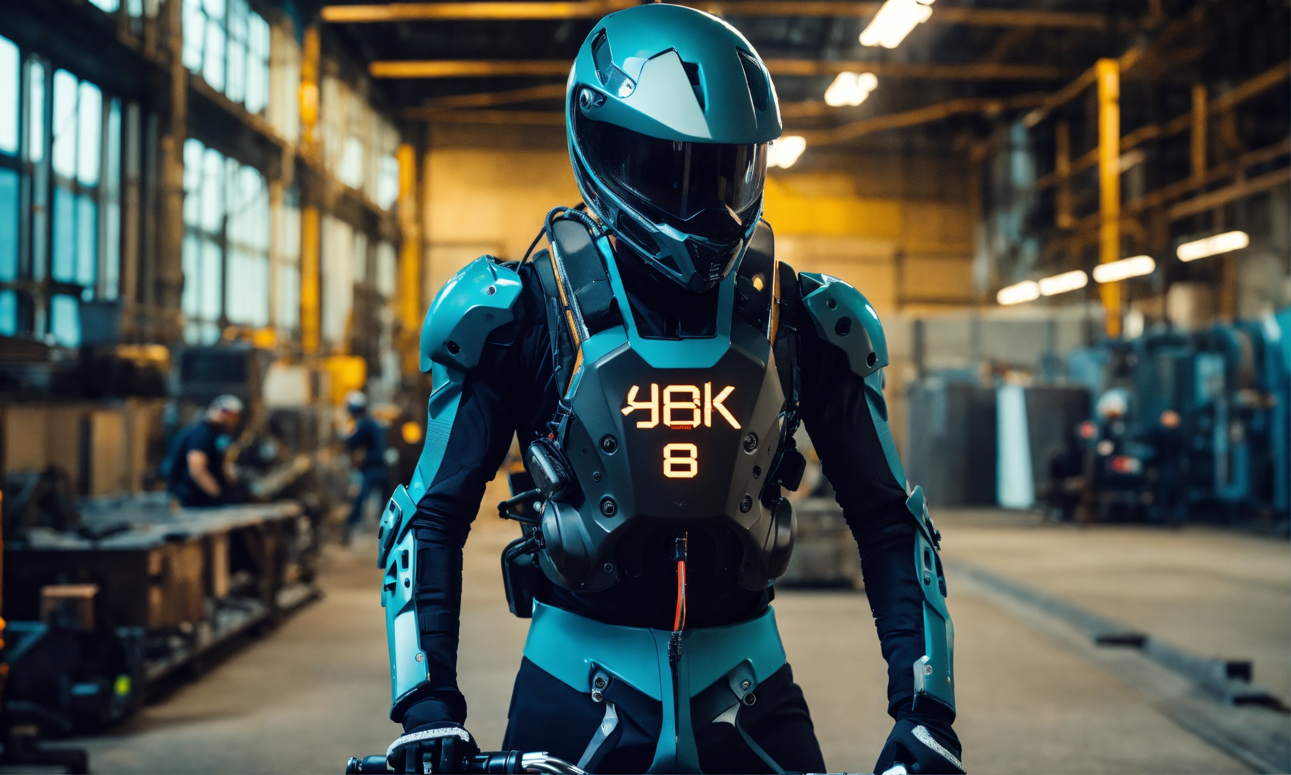 Lexica - An exoskeleton in an industrial factory, moto bike, 8k.