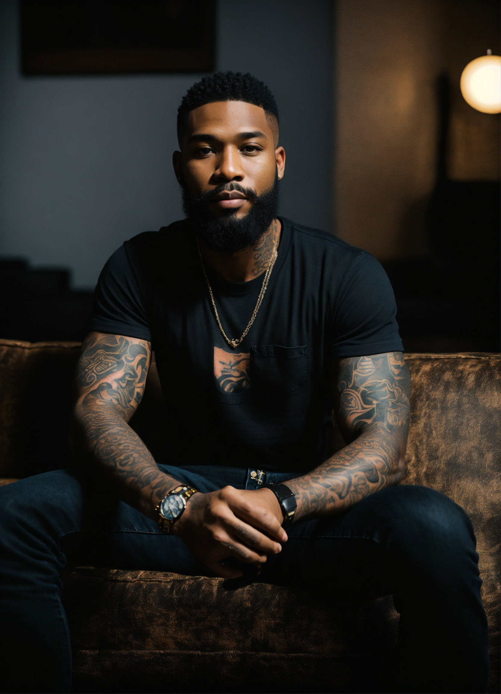 Lexica - Black Dominican male, beard, low hair cut, black jeans, black ...