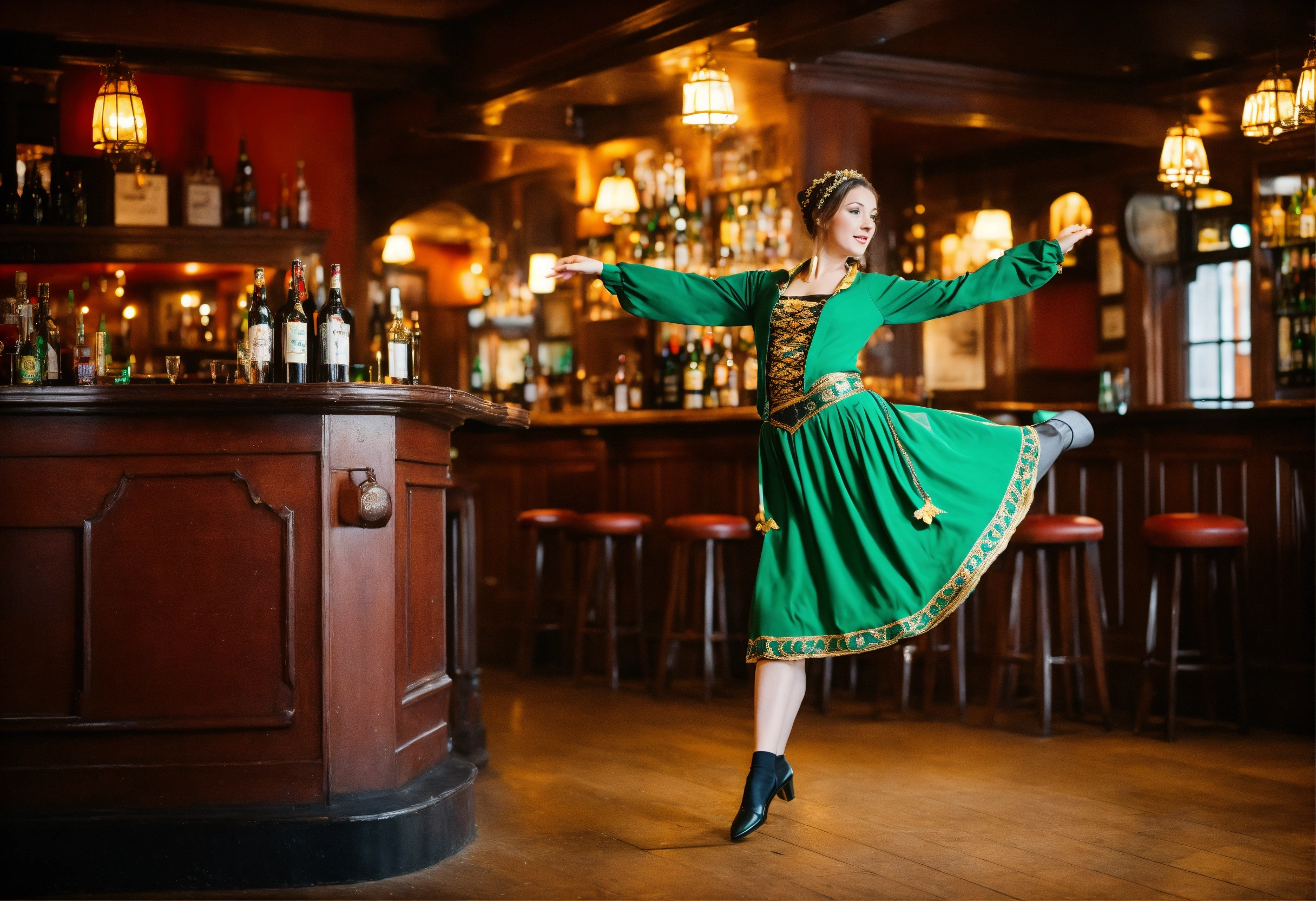 Lexica - An irish female in irish clothes dancing in a bar, full body view