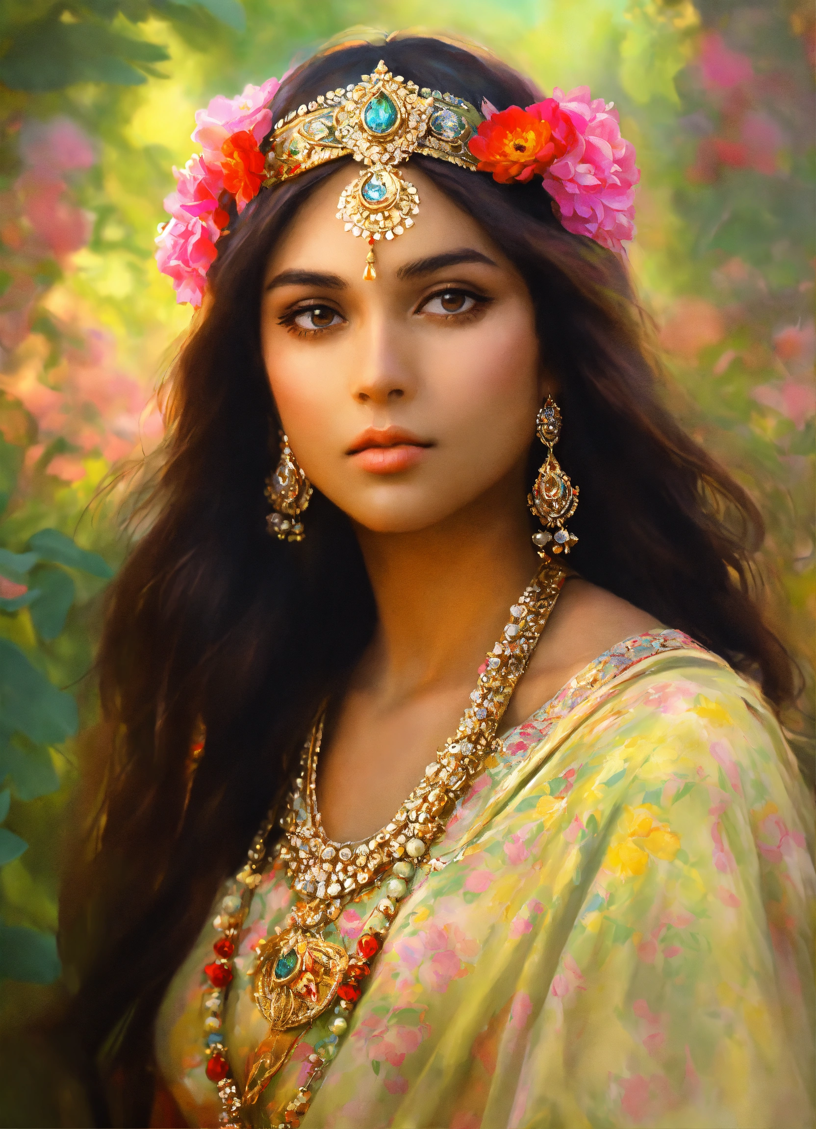 Lexica - Indian princess, natural face, facing forward, standing in beautiful garden, Claude ...
