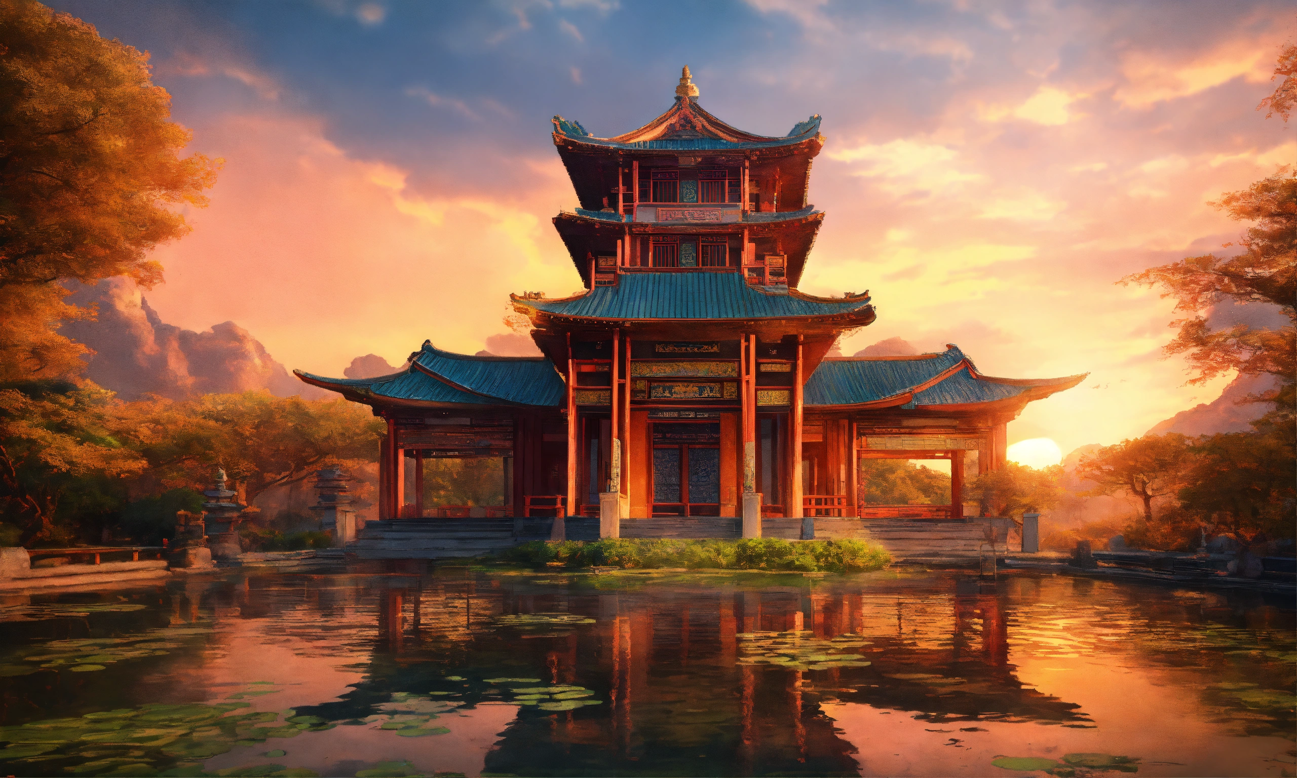 Lexica - Ancient asian temple by a pond , symmetrical, lots of clouds ...