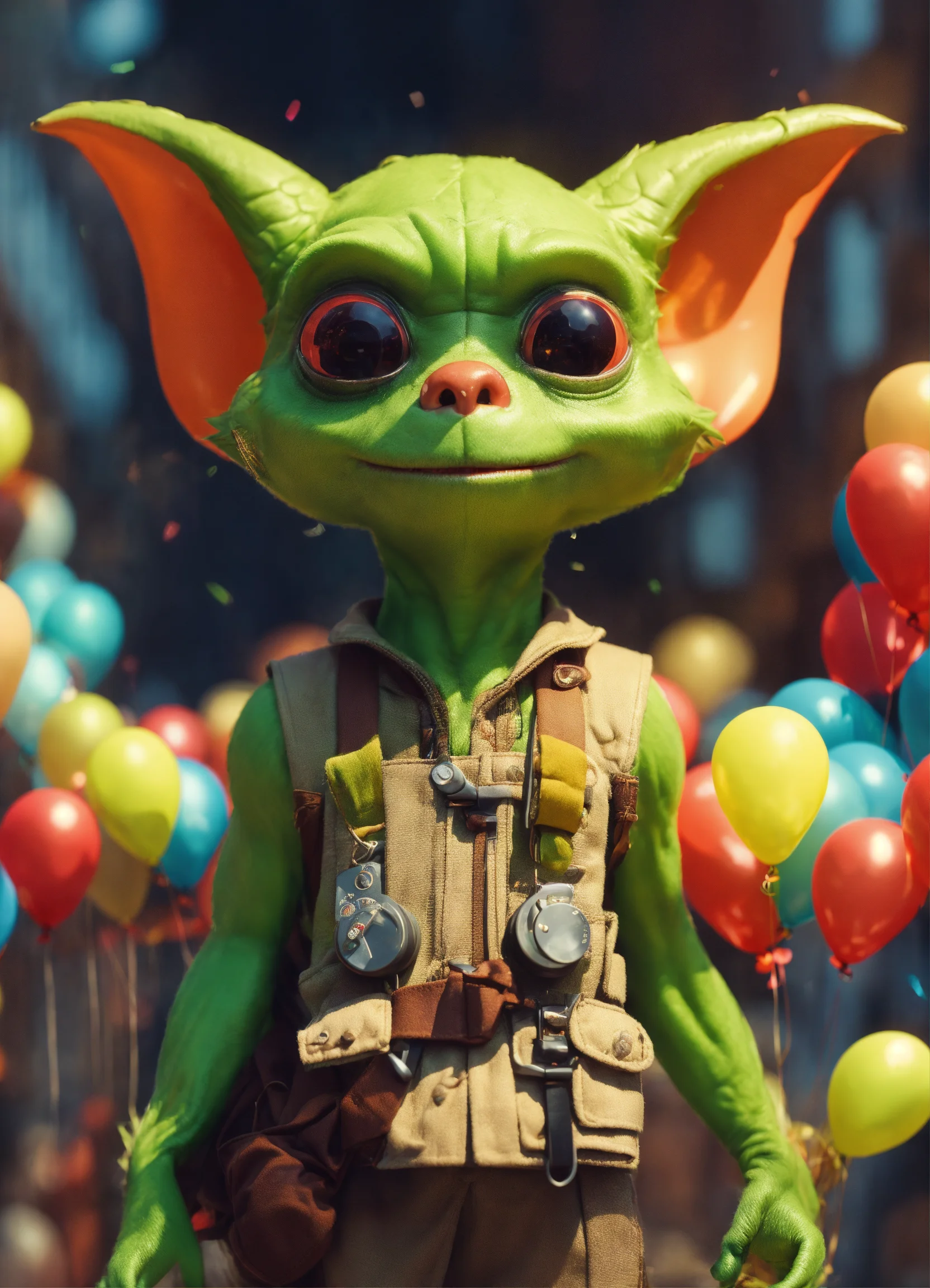 Lexica - Medium close-up, Leica portrait of a gremlin holding balloons ...